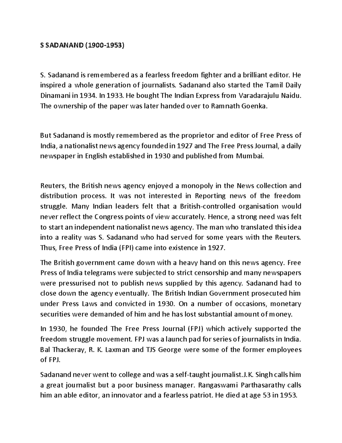 Legends of journalism -s. sadanand - S SADANAND (1900-1953) S. Sadanand ...