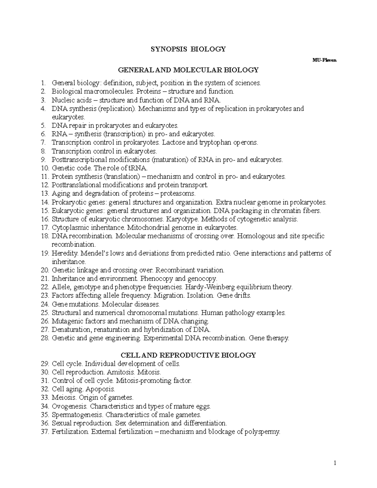 Synopsis - SYNOPSIS BIOLOGY MU-Pleven GENERAL AND MOLECULAR BIOLOGY 1 ...