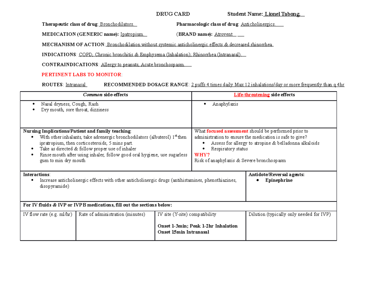 Atrovent drug card - DRUG CARD Student Name: Lionel Tabong. Therapeutic ...