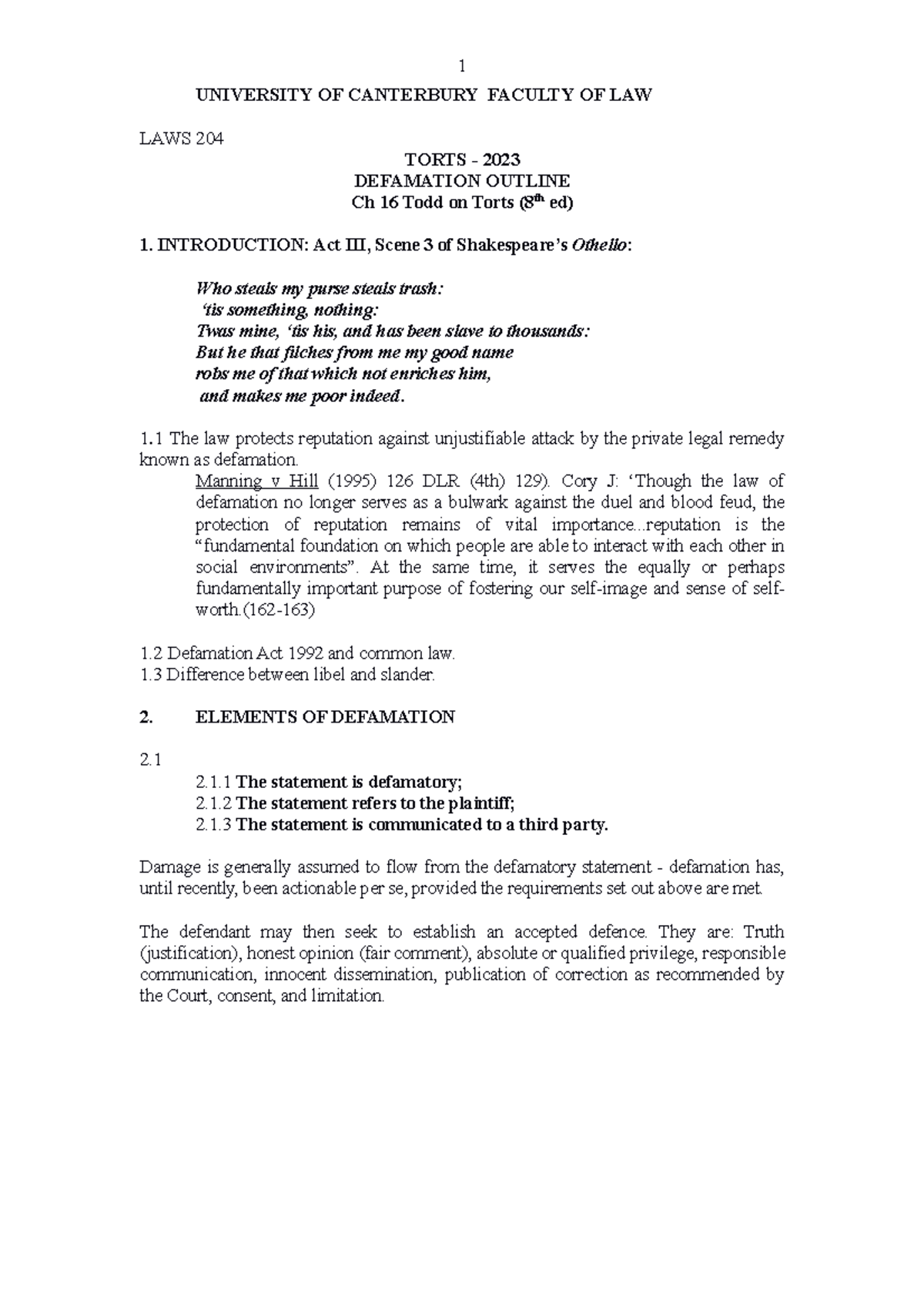 Defhotorts 2023doc - defamation course outline - UNIVERSITY OF ...