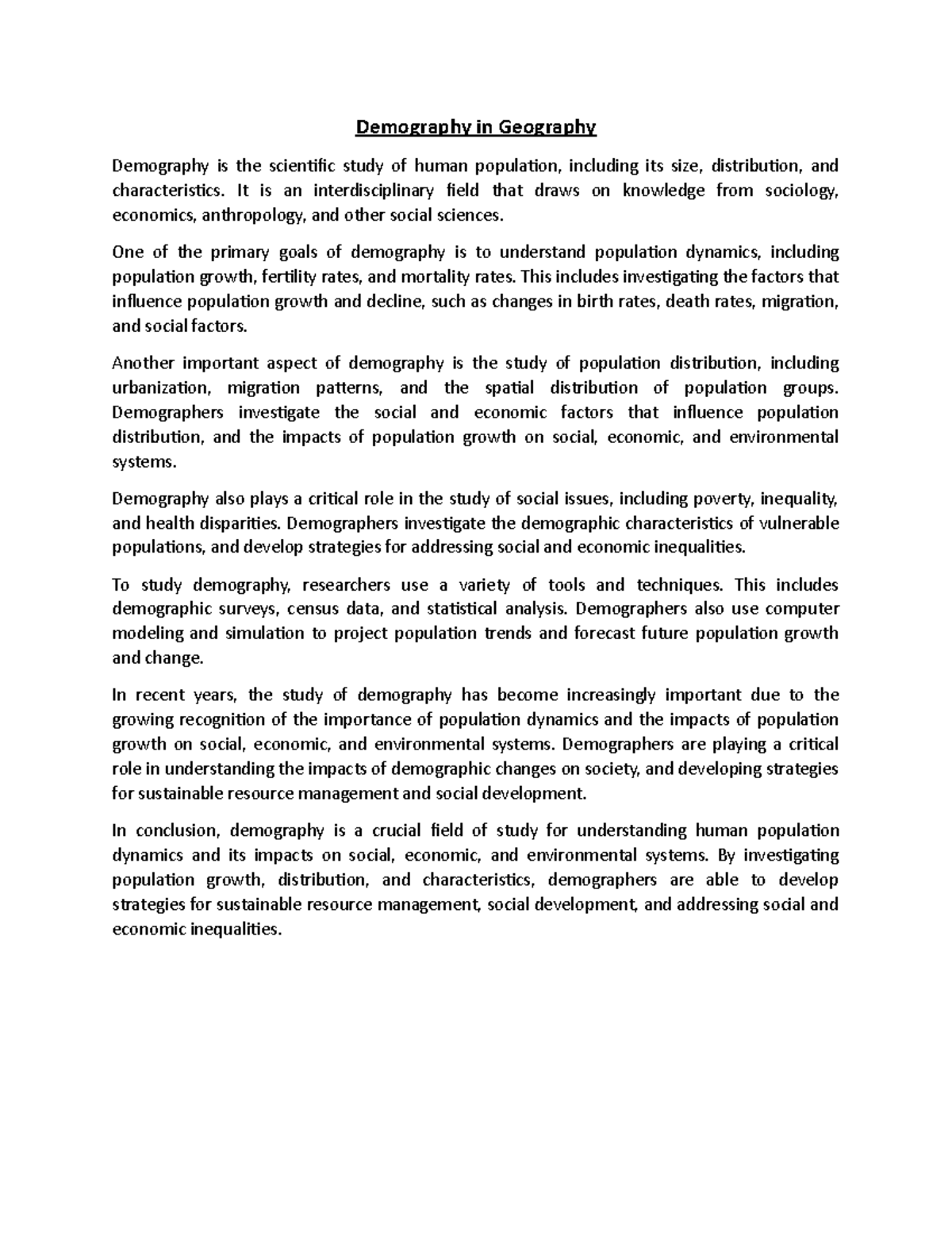 Demography in Geography - Demography in Geography Demography is the ...