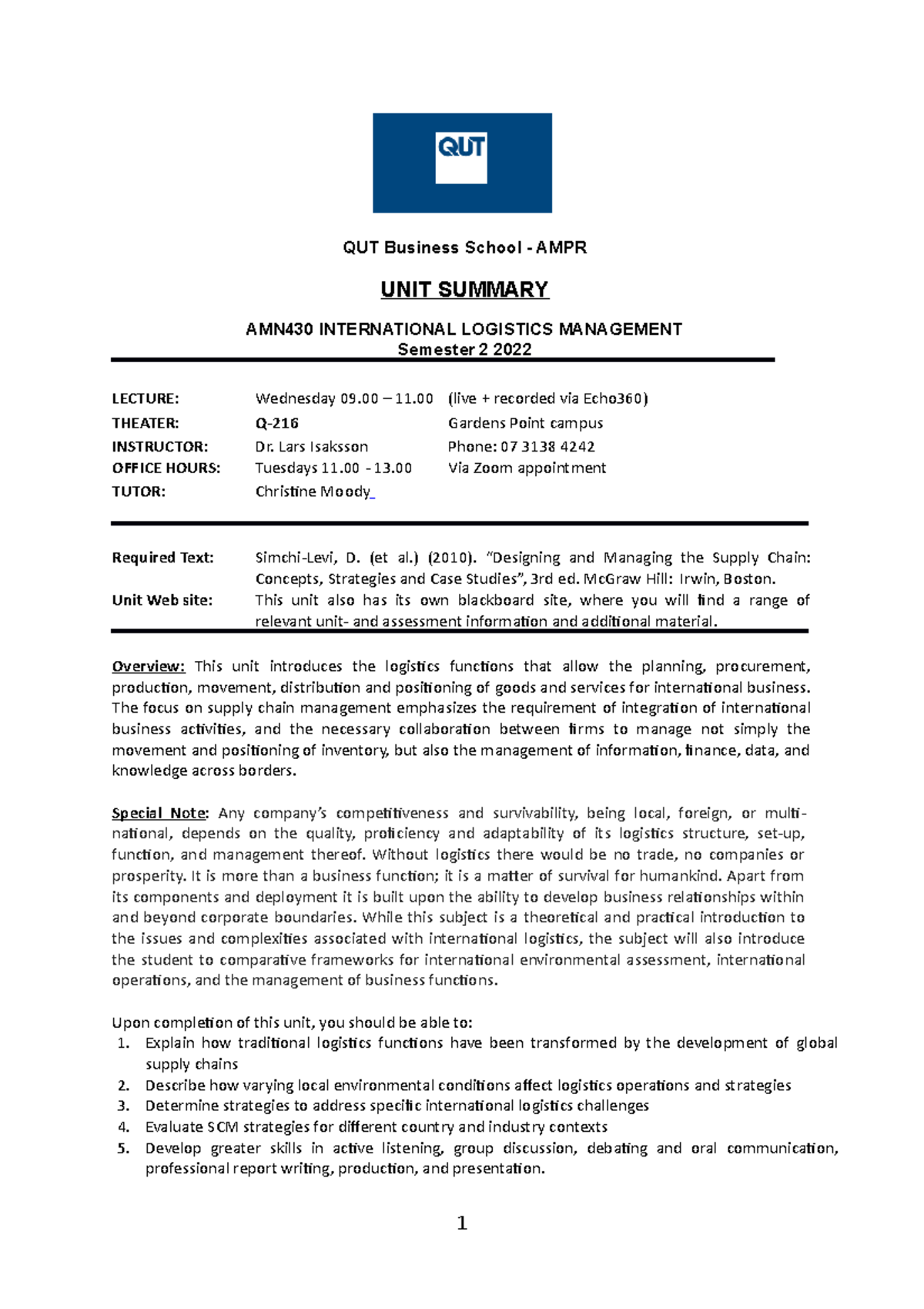AMN430 Unit Summary SEM 222 v1 - QUT Business School - AMPR UNIT ...