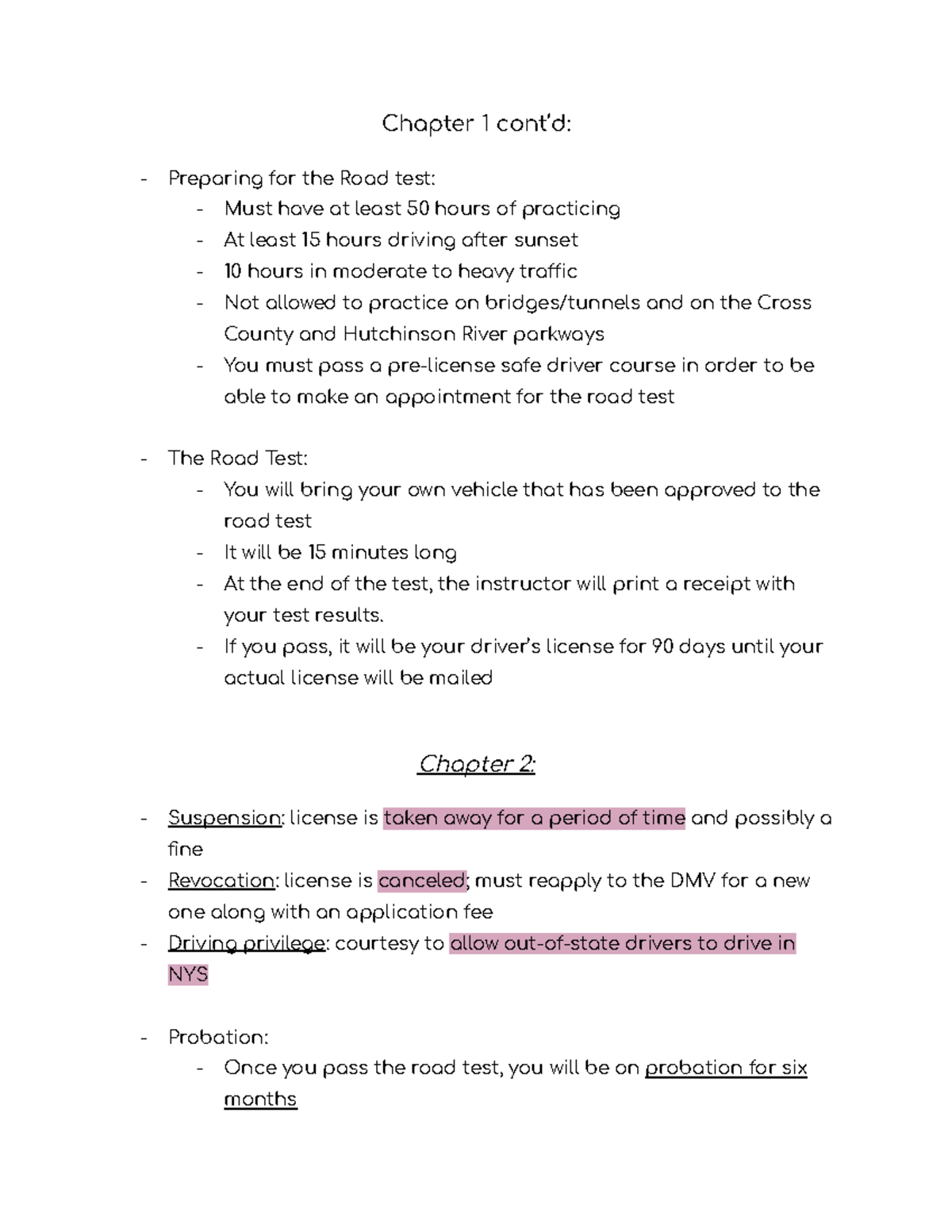 Driver's Manual Notes - Chapter 1 cont’d: Preparing for the Road test ...