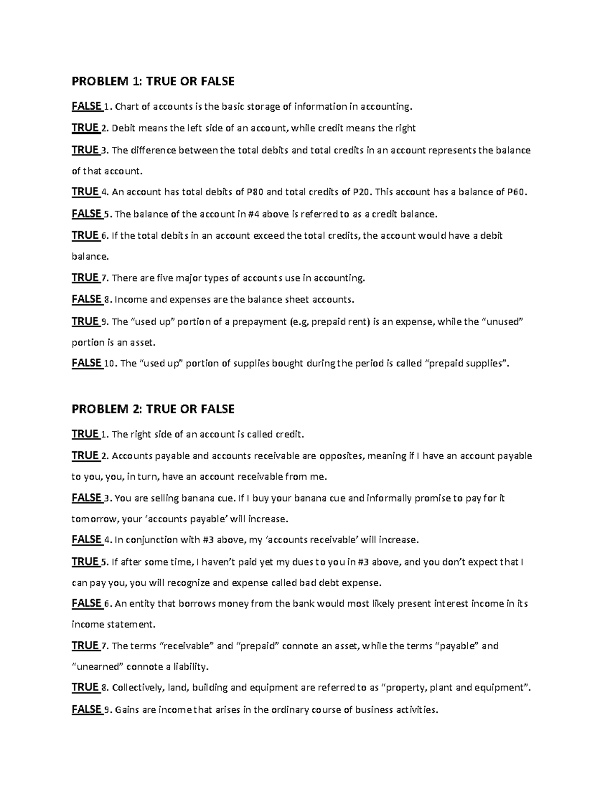 Financial Accounting and Reporting - Problem 1-9 - PROBLEM 1: TRUE OR FALSE FALSE 1. Chart of ...