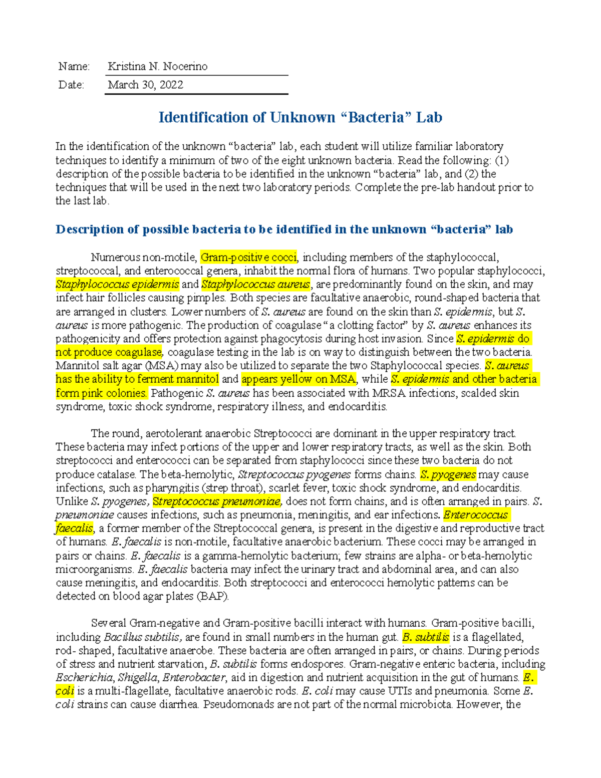 Pre lab - for BIO 230 lab - Name: Kristina N. Nocerino Date: March 30 ...