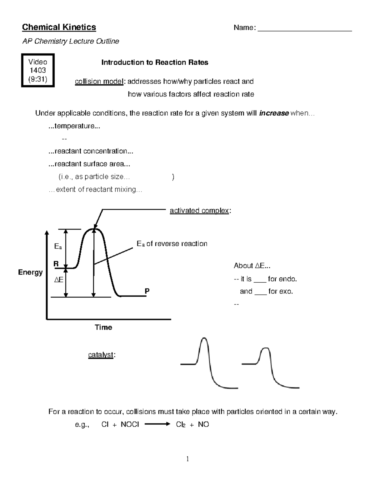 Chemical kinetics - Instructor given notes. - Chemical Kinetics Name