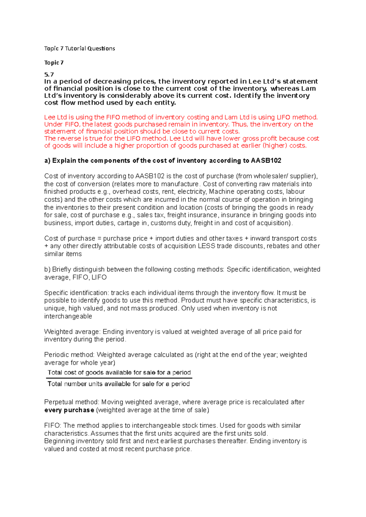 Topic 7 Tutorial Questions regarding Inventories - Topic 7 Tutorial ...