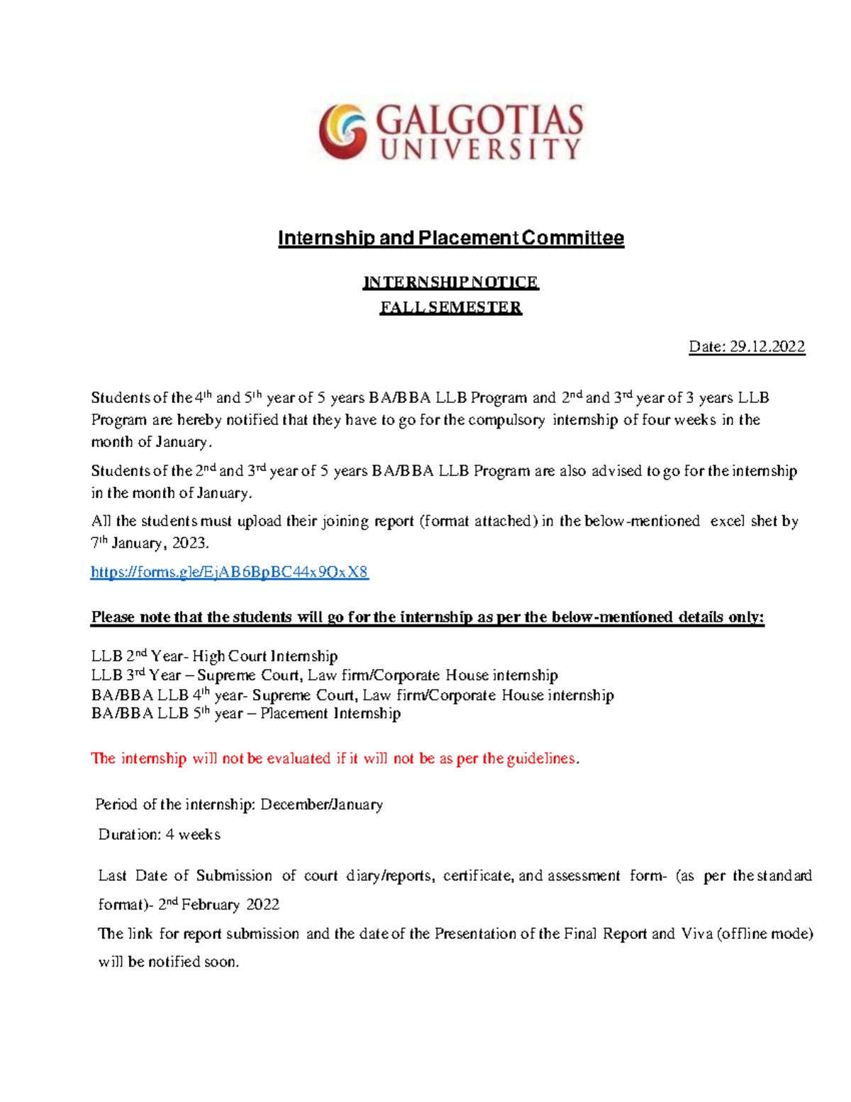 Fall Semester Internship Notice 2022 - Internship and Placement ...