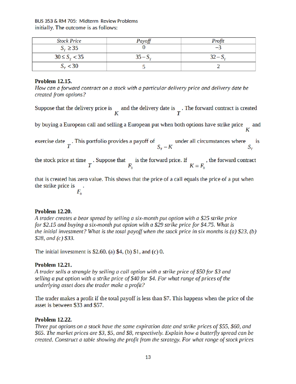 BUS 353 & RM 705 Midterm Review Problems 13 - Humanities Social ...