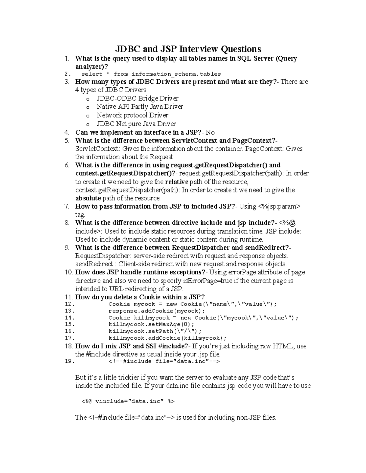 JDBC and JSP Interview Questions - What is the query used to display all tables names in SQL ...
