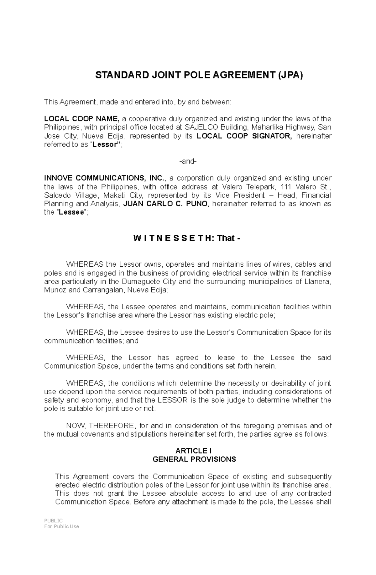 NEA Final Template - STANDARD JOINT POLE AGREEMENT (JPA) This Agreement ...