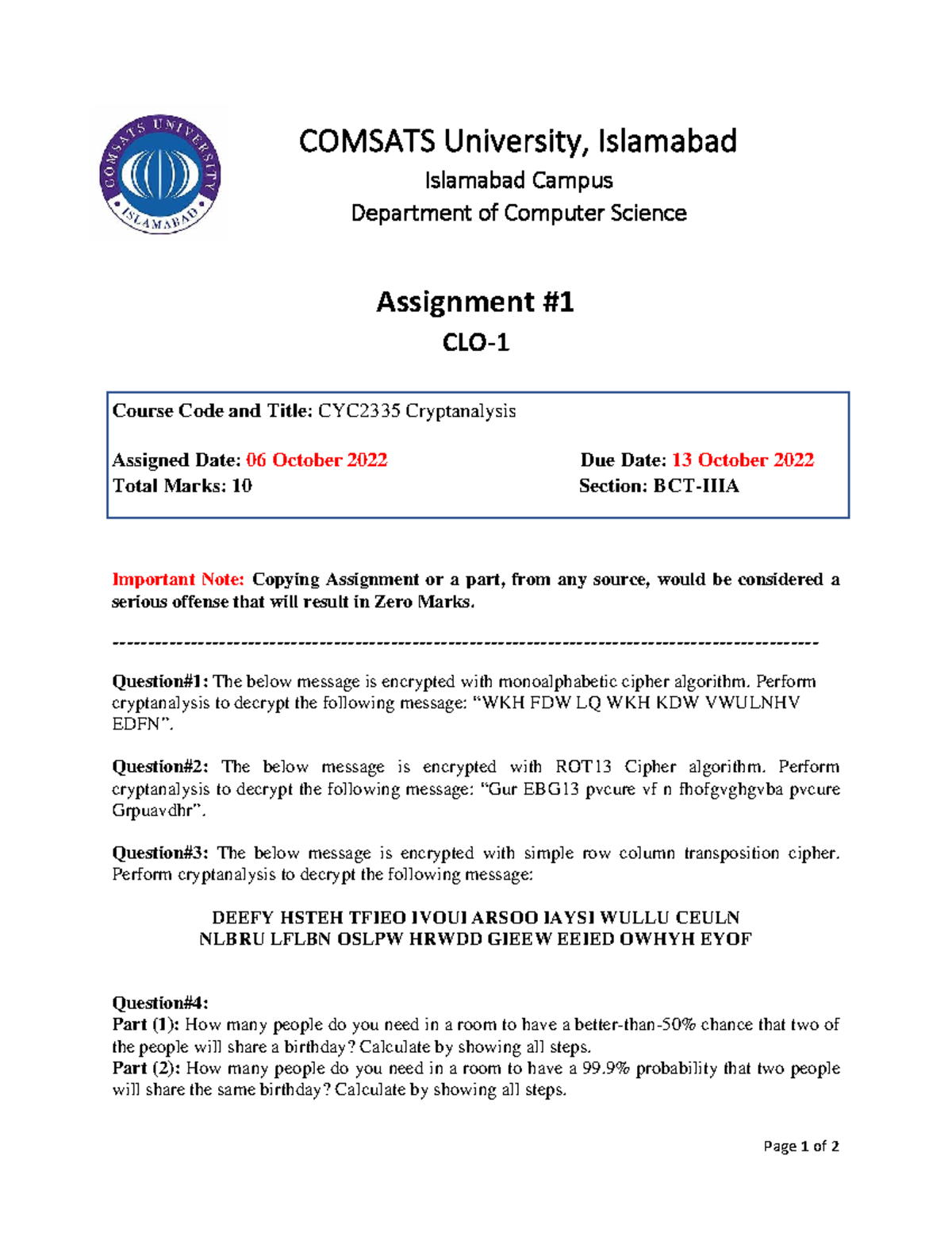 Assignment 1 Question1 The Below Message Is Encrypted With