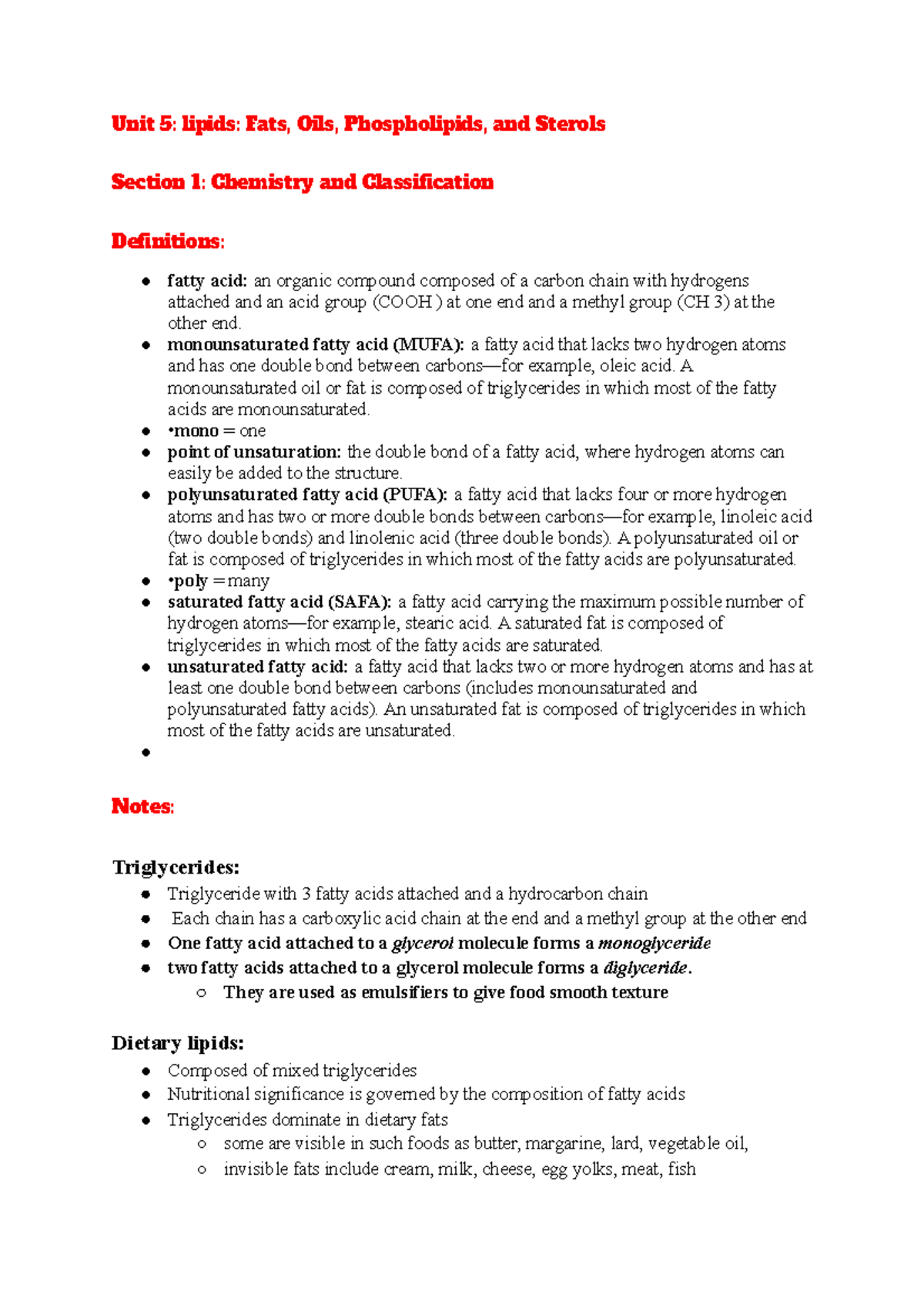 Unit 5 - notes - Unit 5: lipids: Fats, Oils, Phospholipids, and Sterols ...
