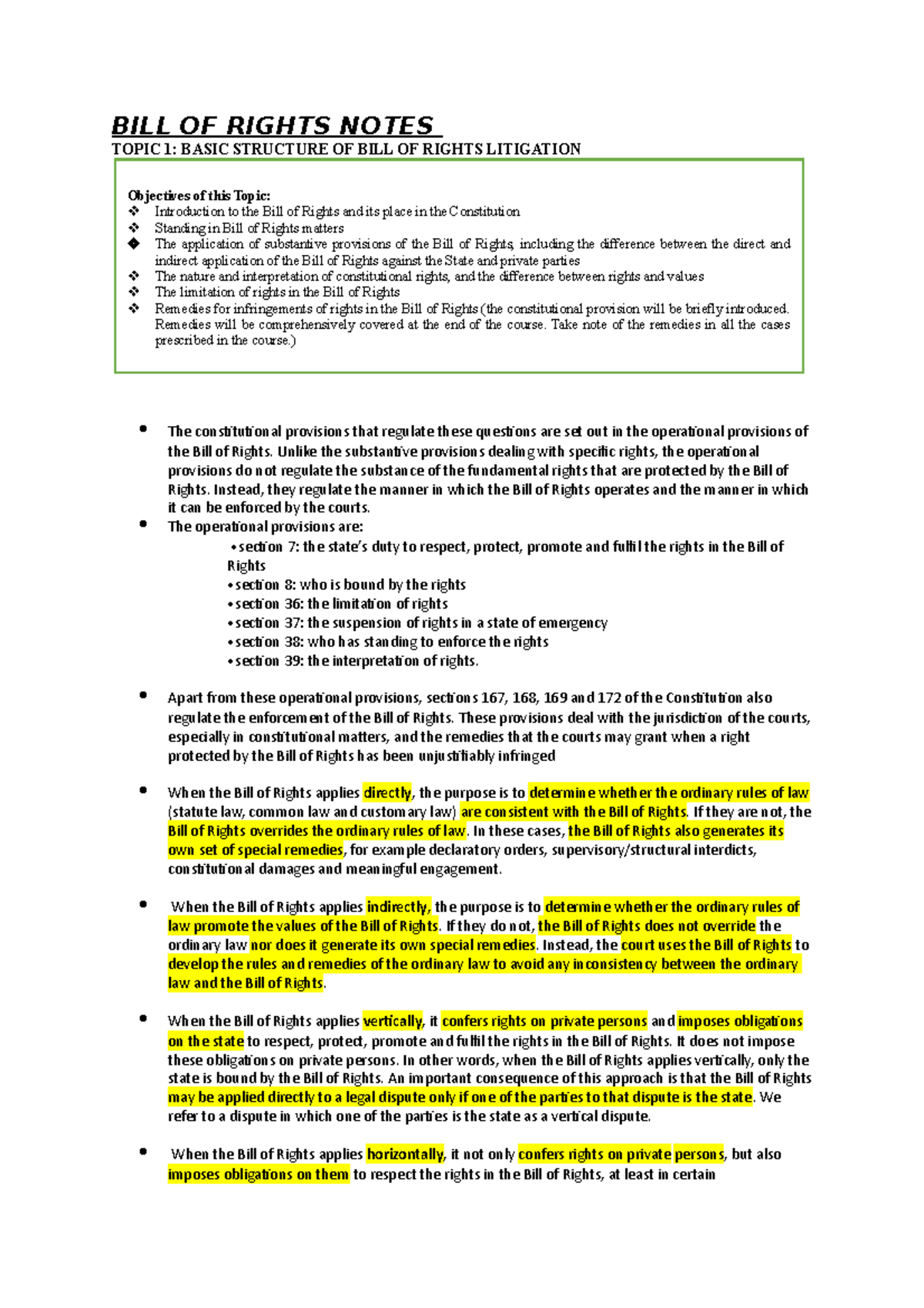BILL OF Rights Notes - BILL OF RIGHTS NOTES TOPIC 1: BASIC STRUCTURE OF ...