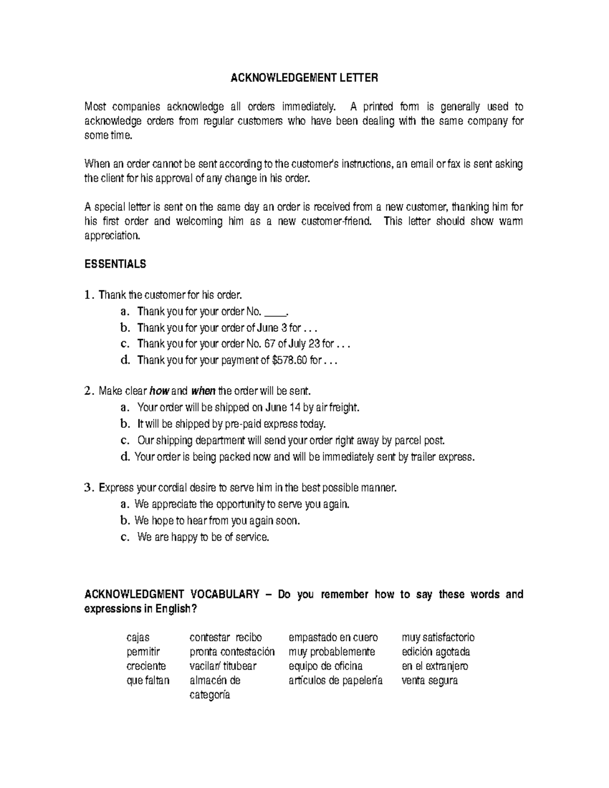 Acknowledgment and refusal of order Letter - ACKNOWLEDGEMENT LETTER ...