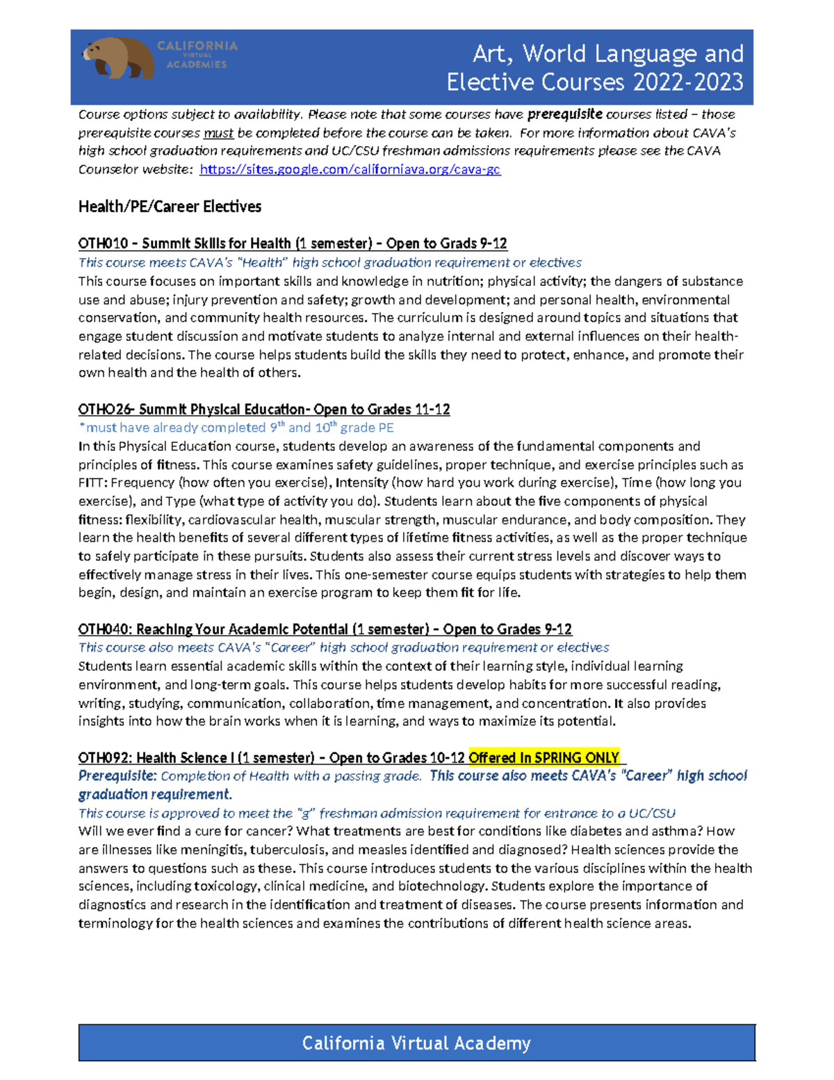 Art WL Electives 2022 23 - Course options subject to availability ...