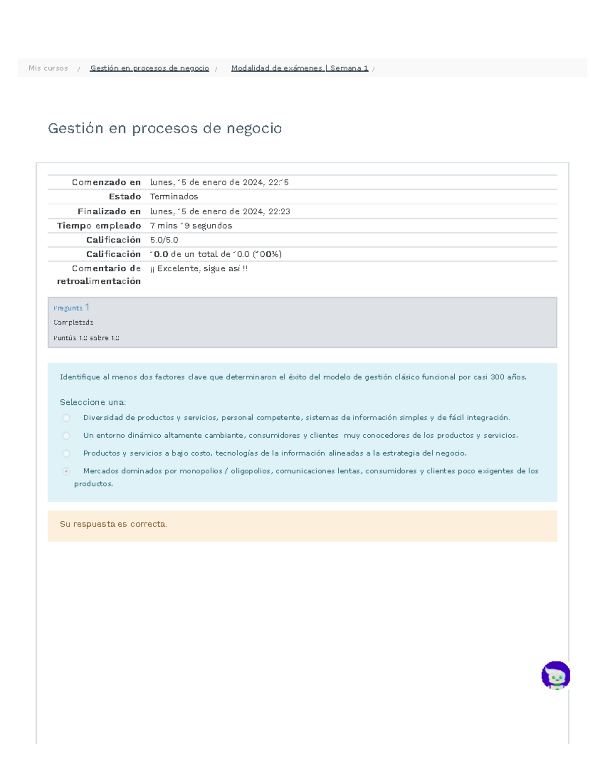 Modalidad de exámenes Semana 1: Revisión del intento - Gestión en procesos de negocio Comenzado ...