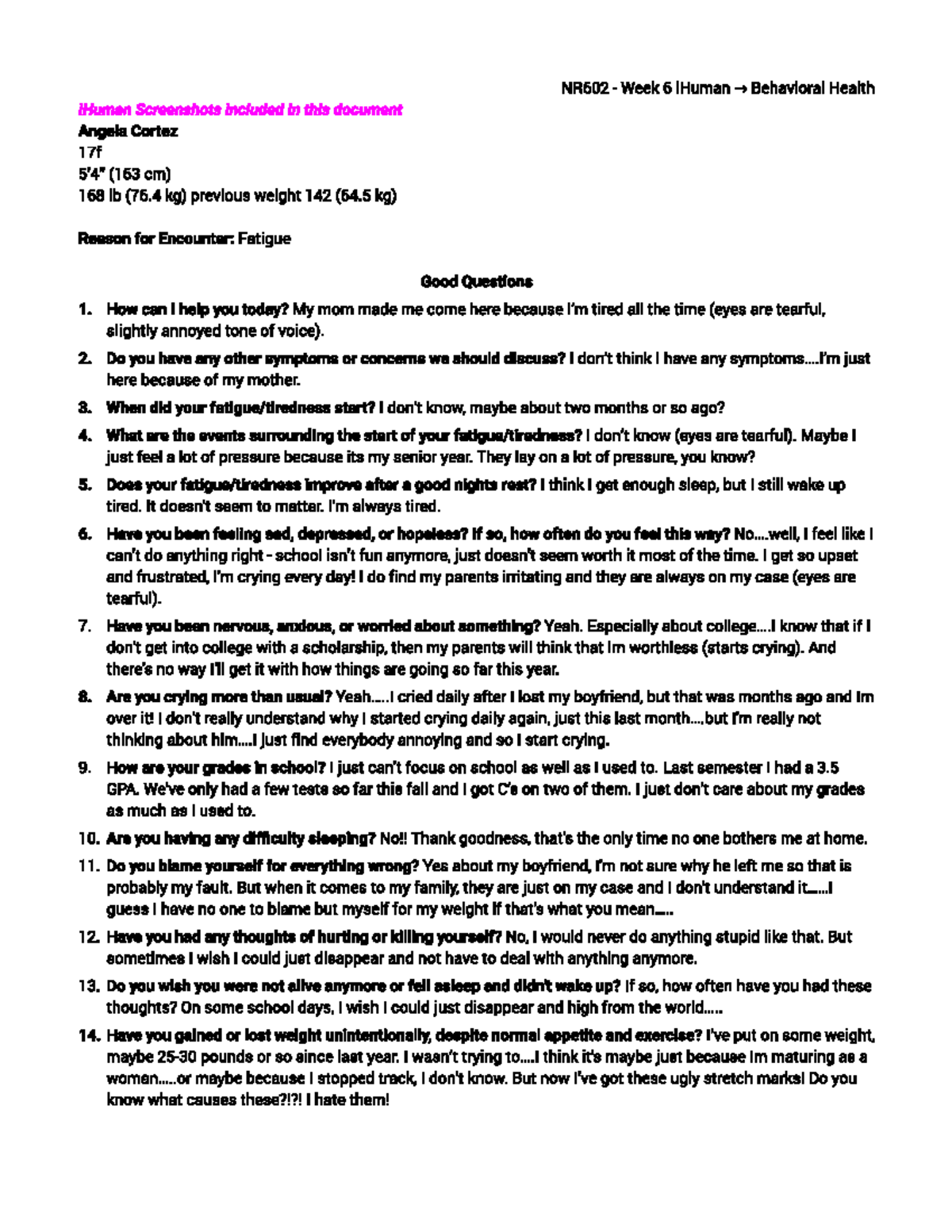 NR602 - Week 6 iHuman Angela Cortez (Behavioral Health) - NR-602 - Studocu
