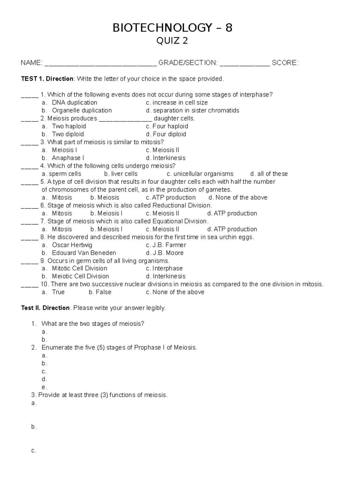 Biotechnology 8 - diagnostic test - BIOTECHNOLOGY – 8 QUIZ 2 NAME