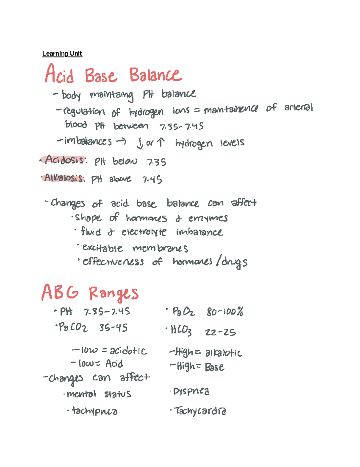 Acid Base Balance (learning unit & readings) - NUR 1212C - Learning ...