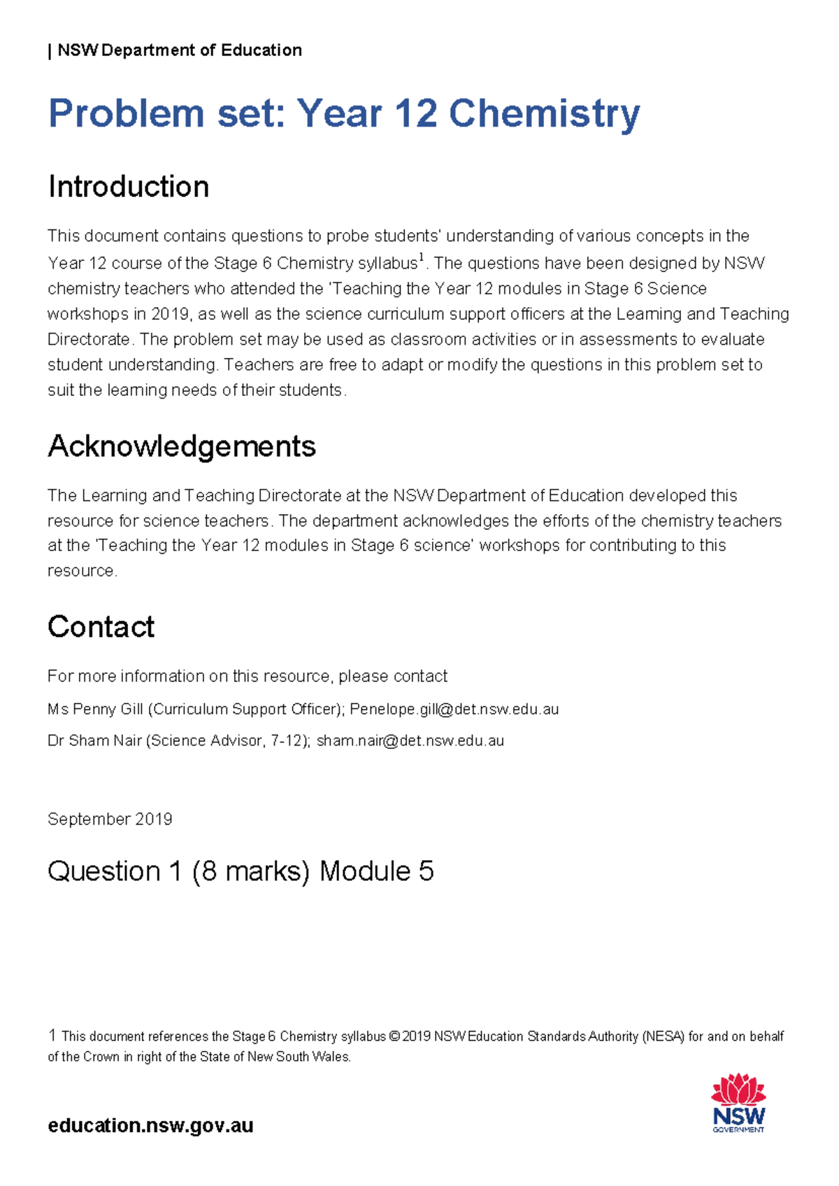 Chemistry Year 12 modules Problem Set - | NSW Department of Education ...