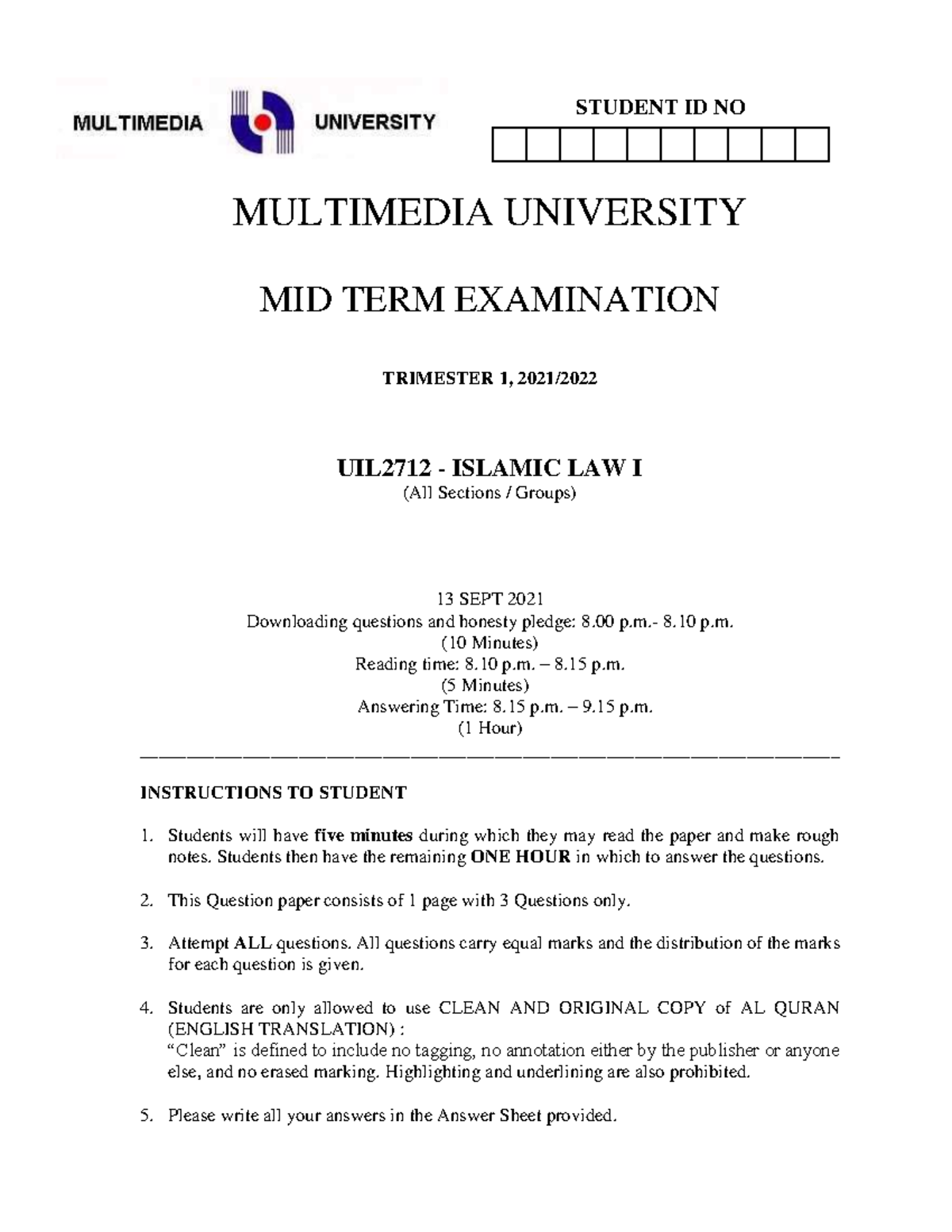 UIL2712 MID-TERM EXAM Question - MULTIMEDIA UNIVERSITY MID TERM ...