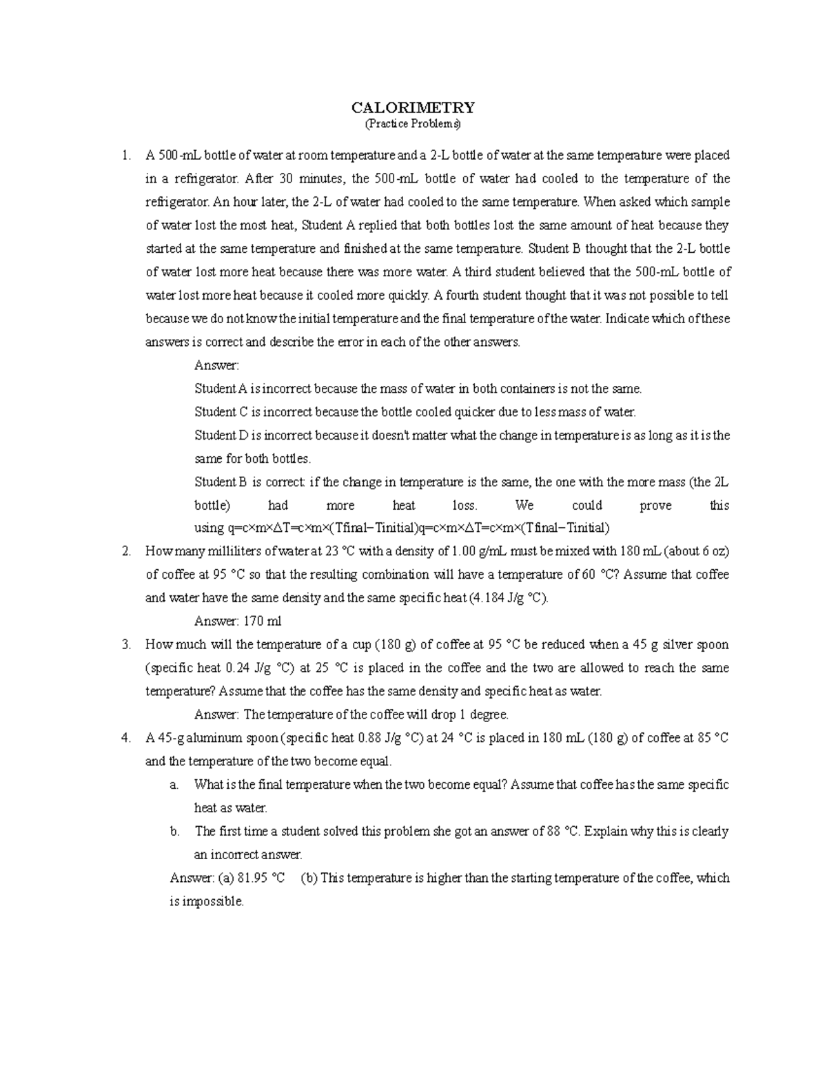 Calorimetry Practice Problems - CALORIMETRY (Practice Problems) A 500 ...