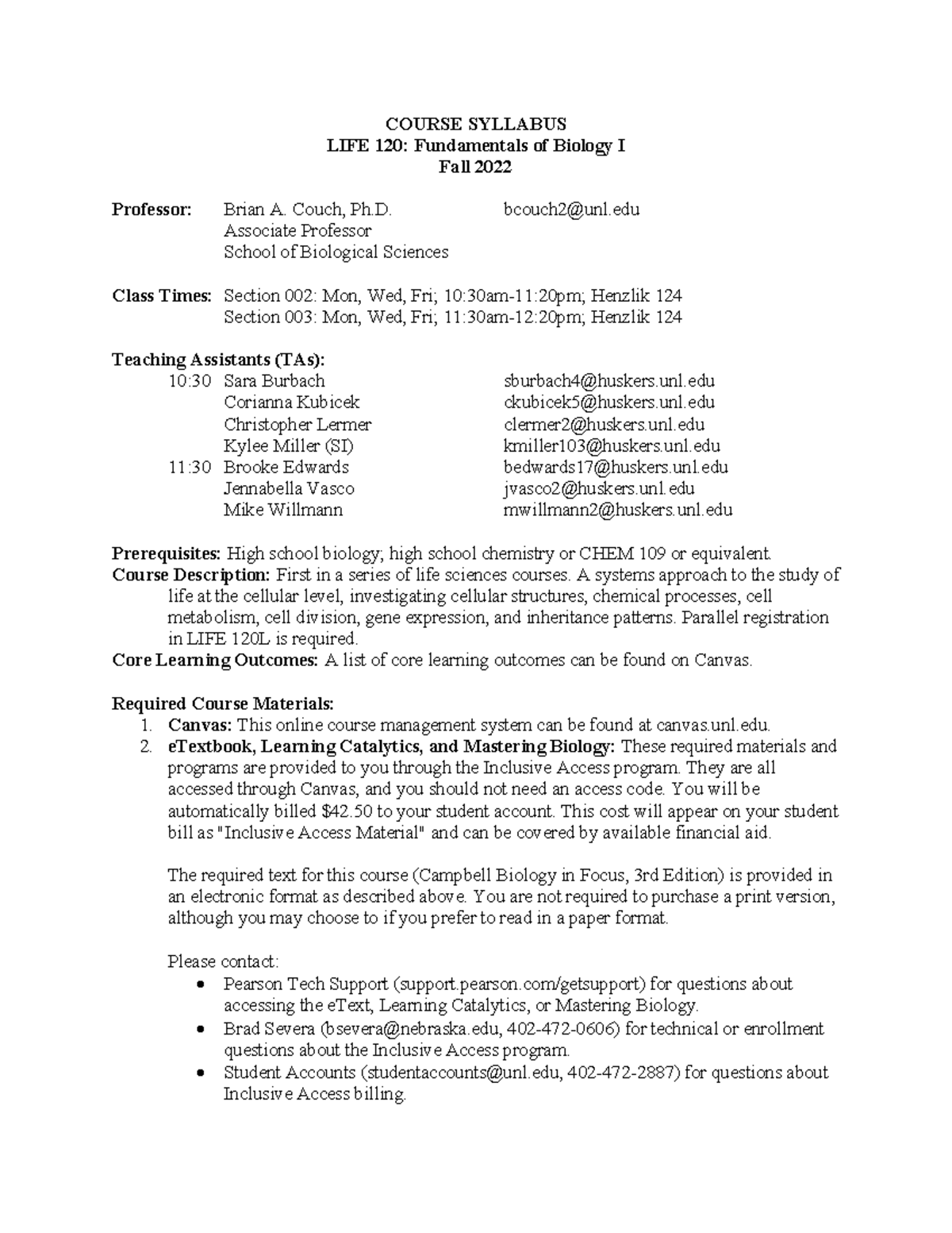 LIFE 120 Syllabus Fa22 - COURSE SYLLABUS LIFE 120: Fundamentals of ...
