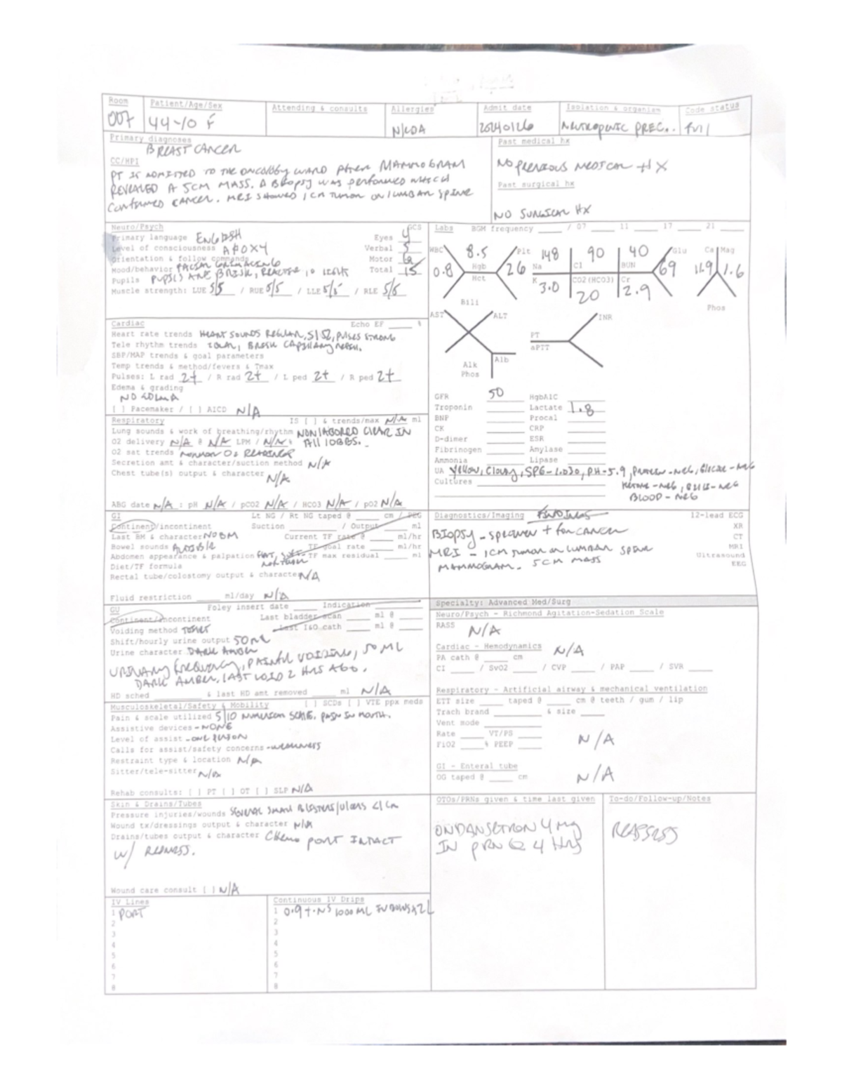 NPW 1 - Nurse processing sheet form - Room Attending consults Allergies ...