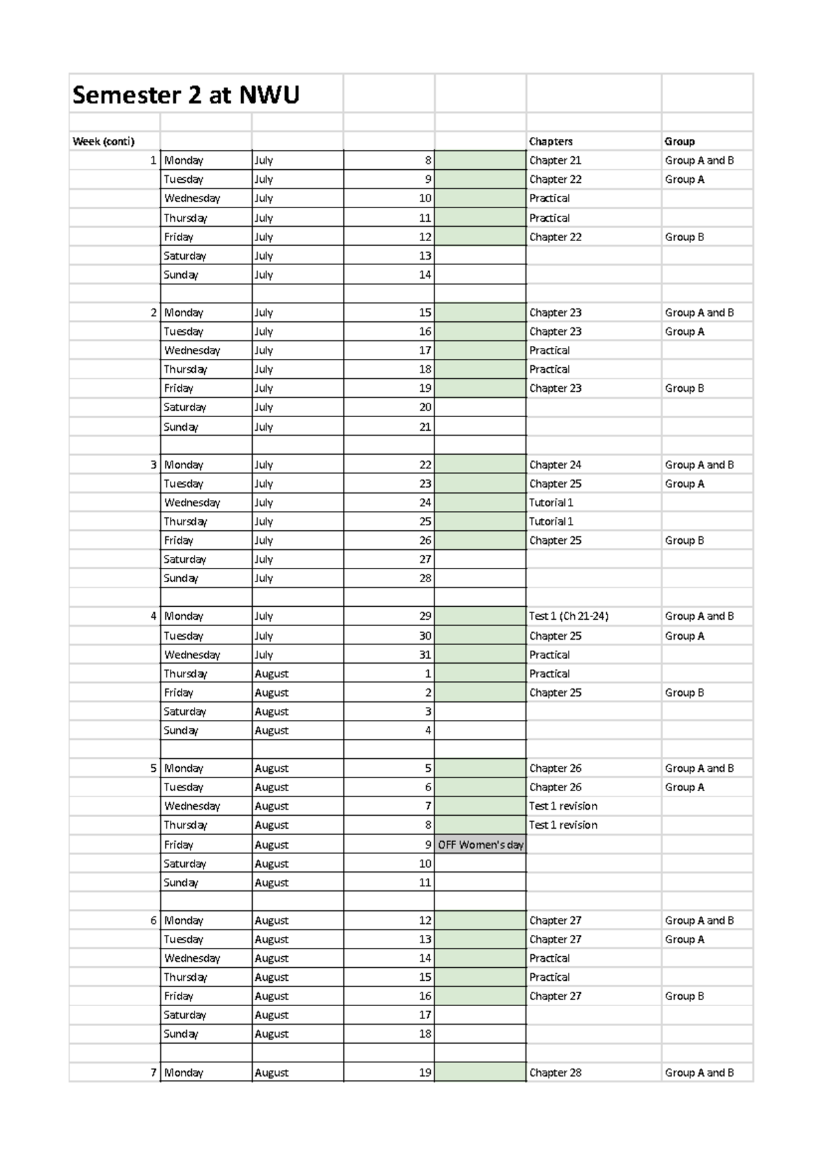 NPHY 121 teaching schedule 2024 - Semester 2 at NWU Week (conti ...