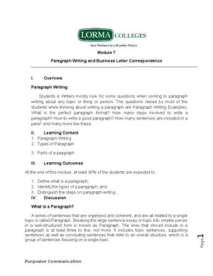 Purposive COM Module 7 - Module 7 Paragraph Writing and Business Letter ...