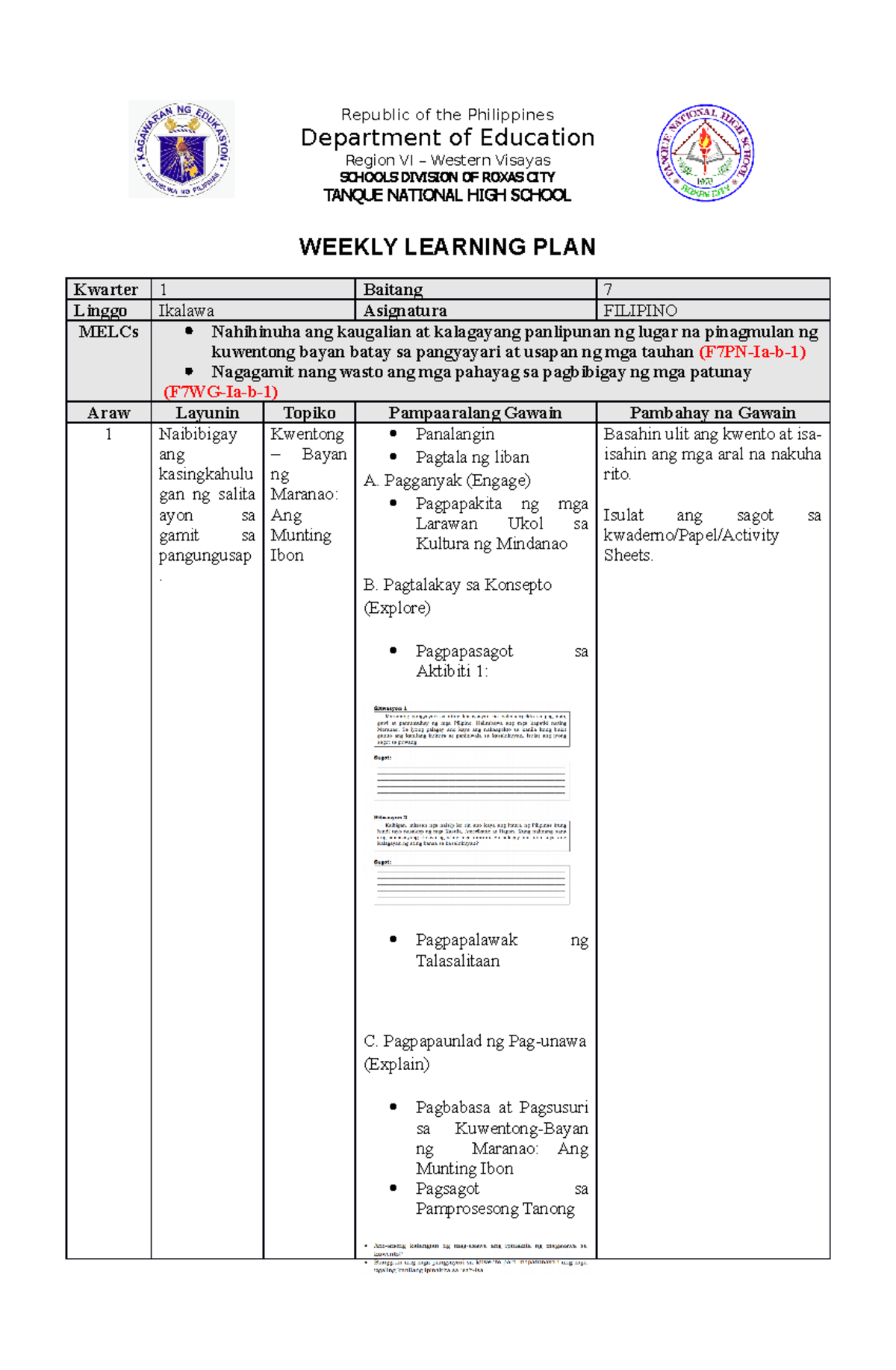 WLP- Filipino- Ikalawang Linggo - Republic of the Philippines ...