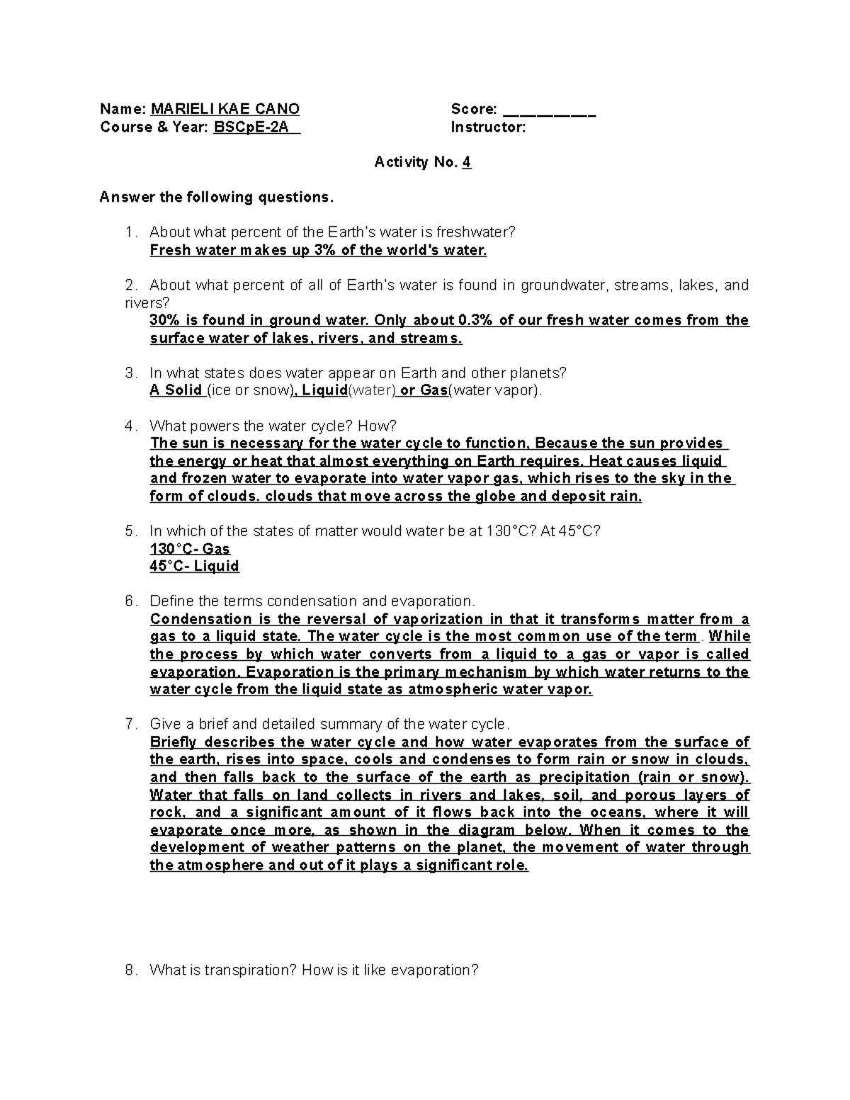 People and Earth Ecosystem - Name: MARIELI KAE CANO Score ...