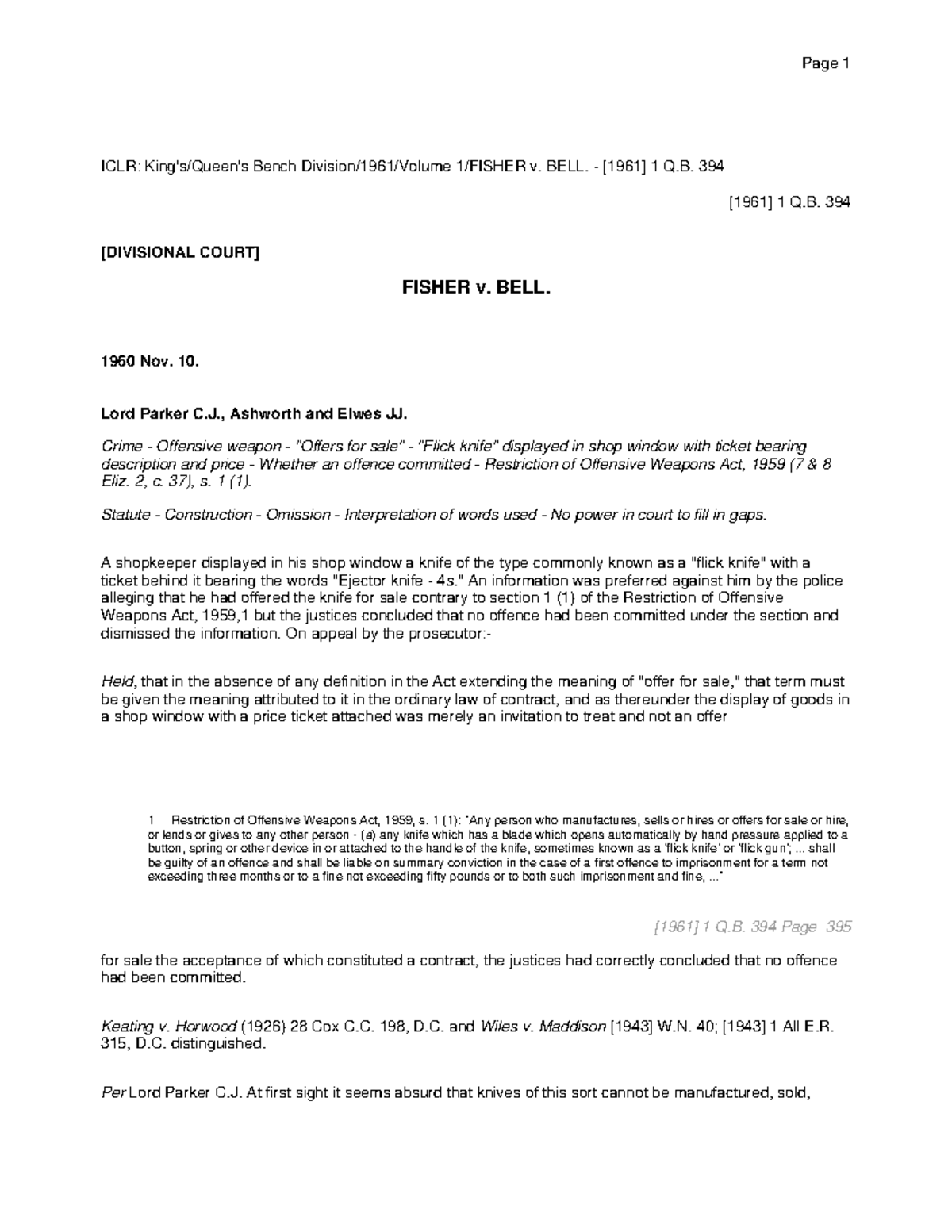 Fisher v. BELL. - [1961] 1 Q.B. 394 (case) - ICLR: King's/Queen's Bench ...