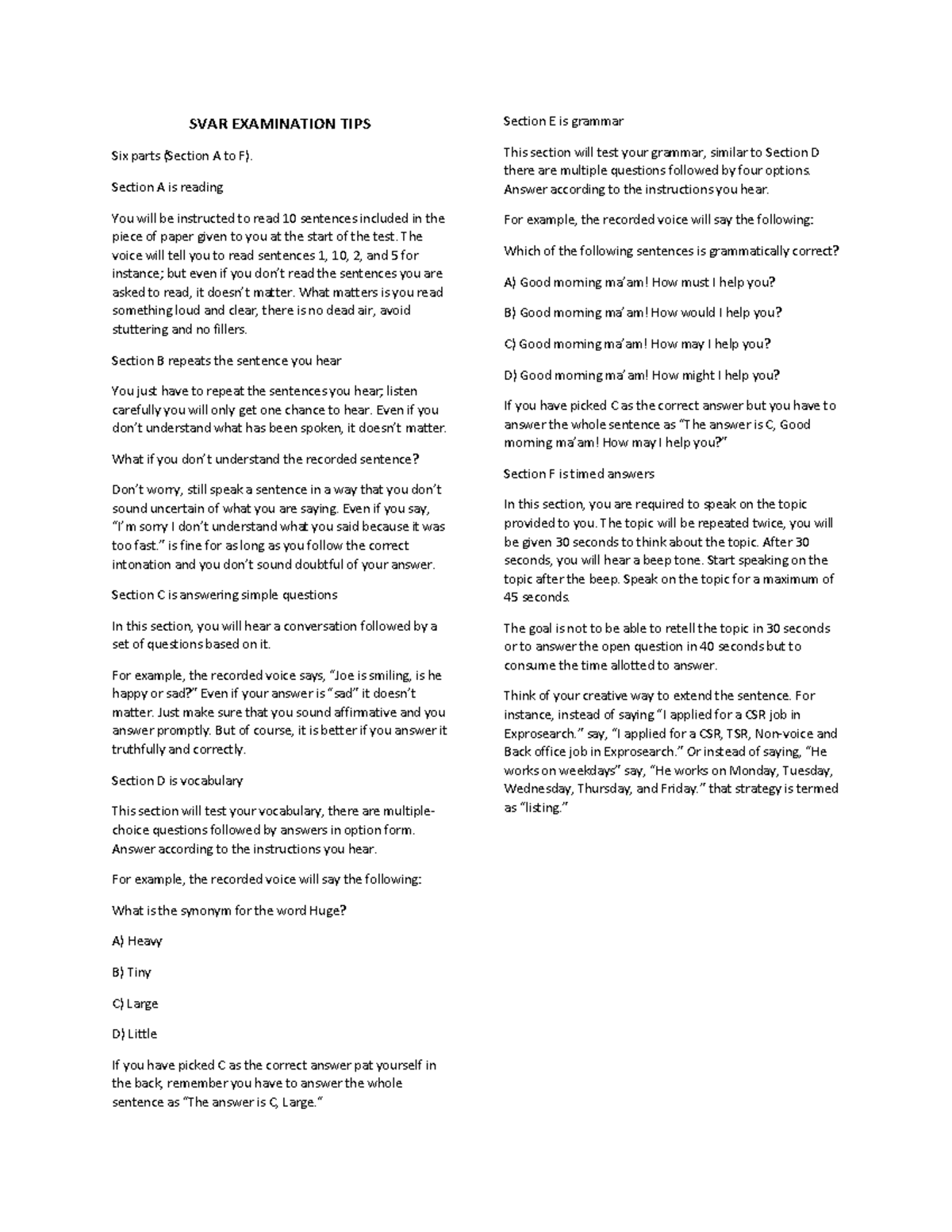 RDGE Tips for SVAR - random - SVAR EXAMINATION TIPS Six parts (Section ...