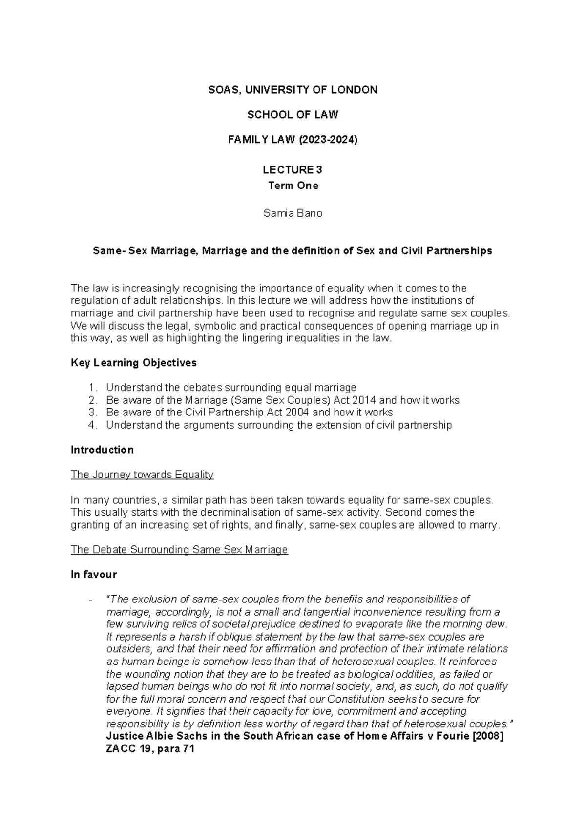 Lecture 3 - Same sex marriage, marriage and the definition of sex and ...