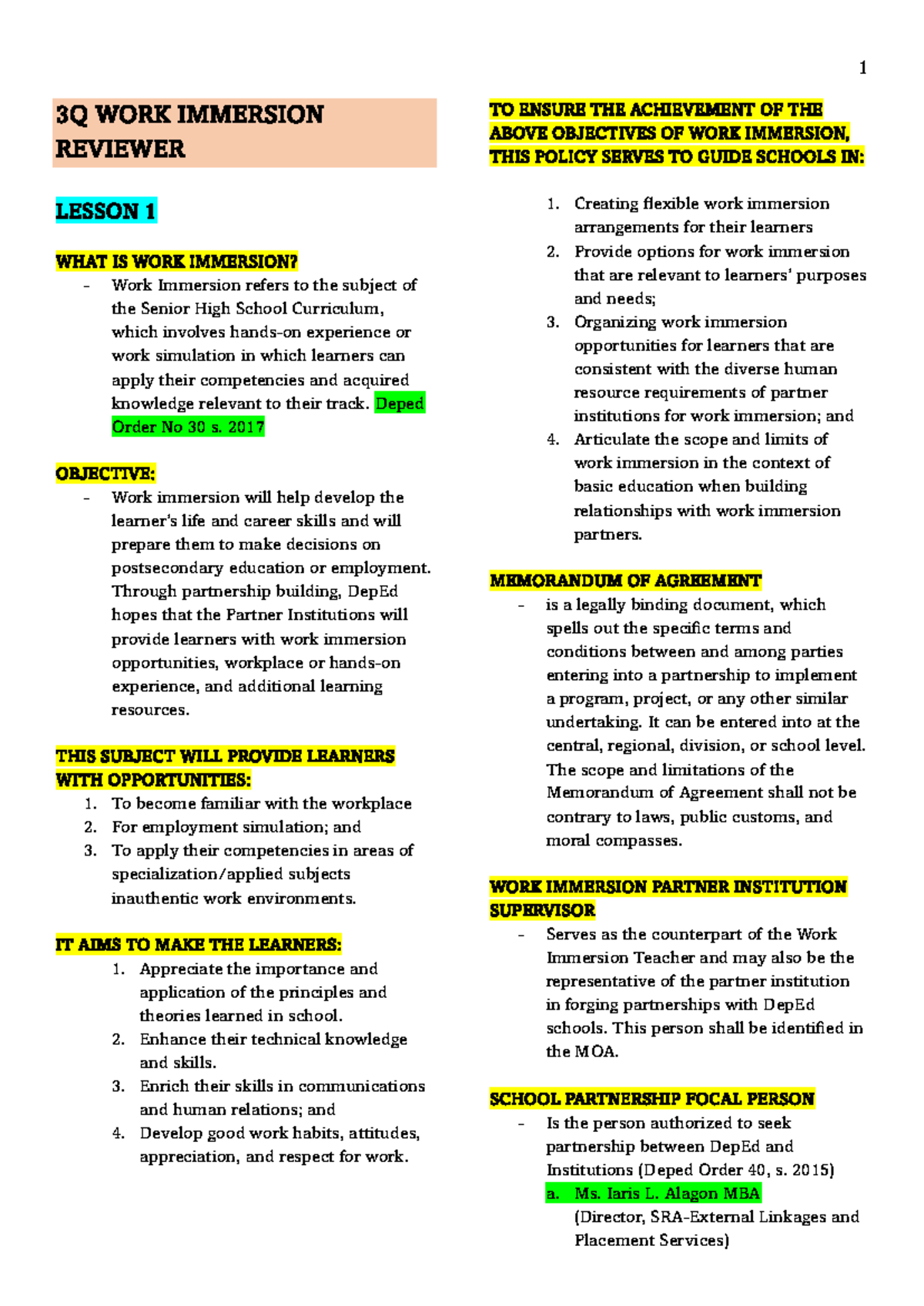 Work Immersion (3rd Quarter) - 3 Q WORK IMMERSION REVIEWER LESSON 1 ...