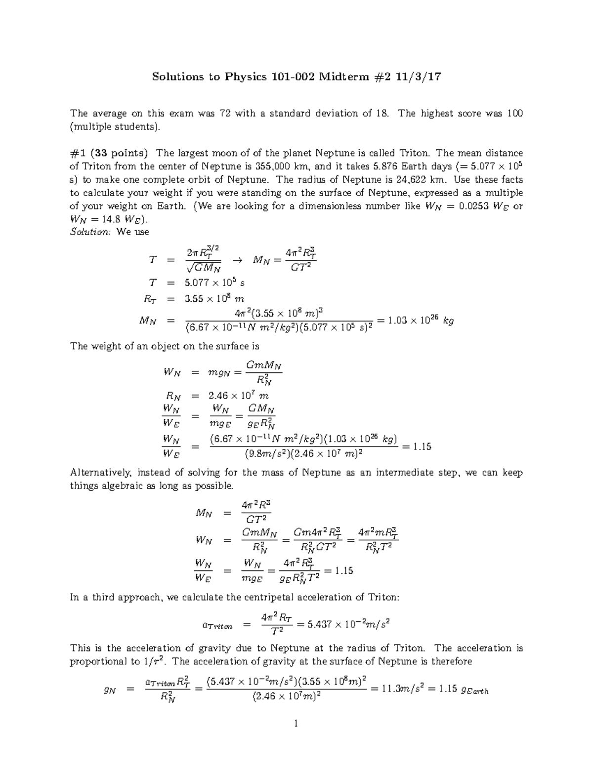 Soln 2 f17 - Practice Questions Solutions for Exam 2 - Solutions to Physics 101-002 Midterm #2 ...