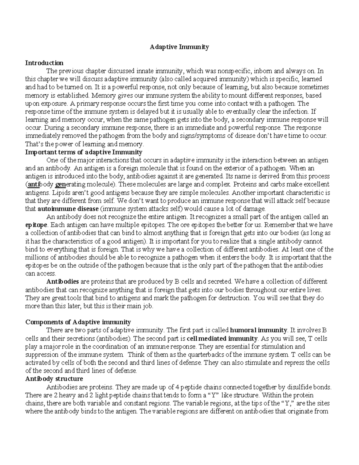 Adaptive immunity - micro - Adaptive Immunity Introduction The previous ...