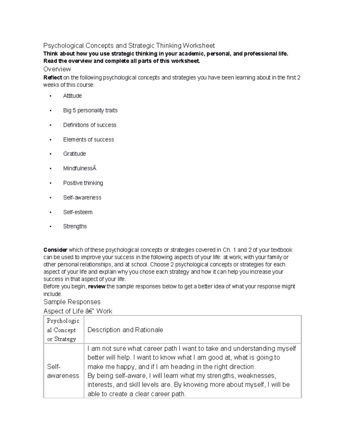 Psychological concepts and strategic thinking worksheet - Psychological ...