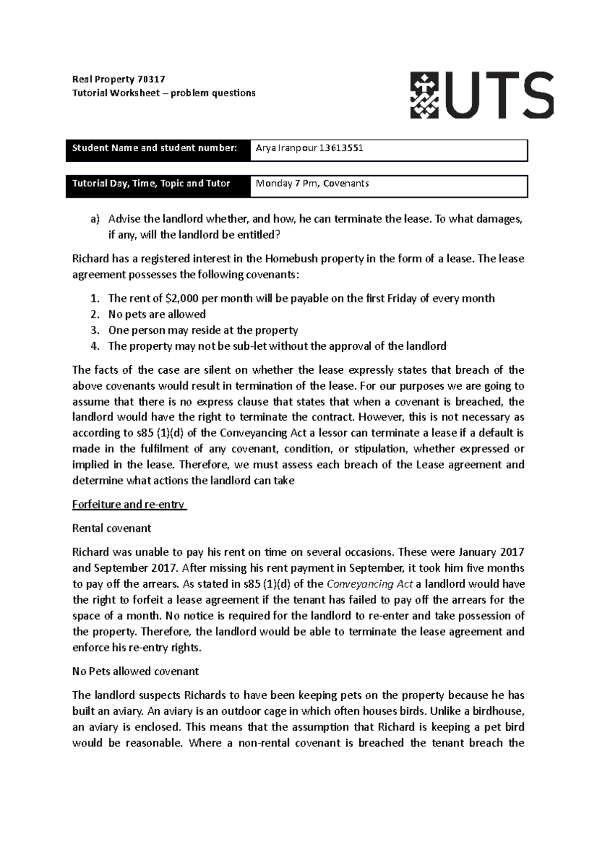 Tutorial pre-preparation worksheet(1) - Real Property 70317 Tutorial ...