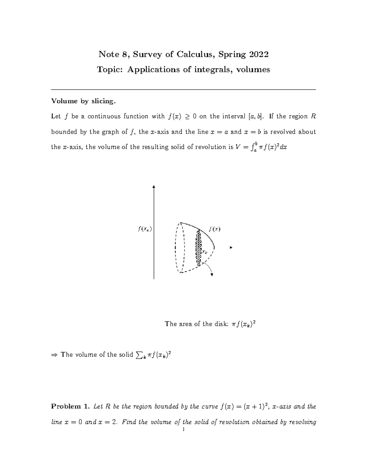 Math1608 - Applications of integrals, volumes - Note 8, Survey of ...