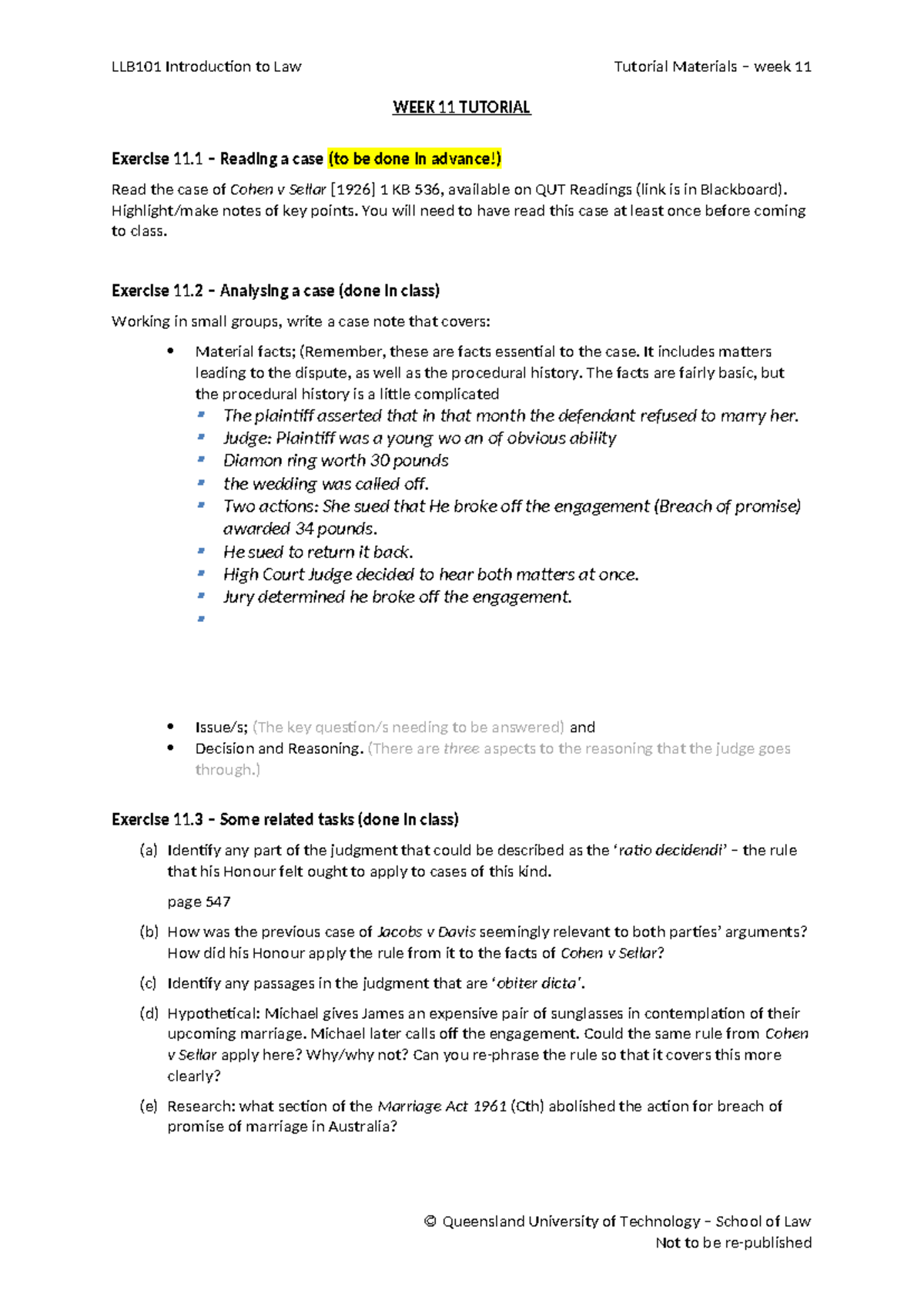Week 11 Tutorial Activities - LLB101 Introduction to Law Tutorial Materials – week 11 WEEK 11 ...