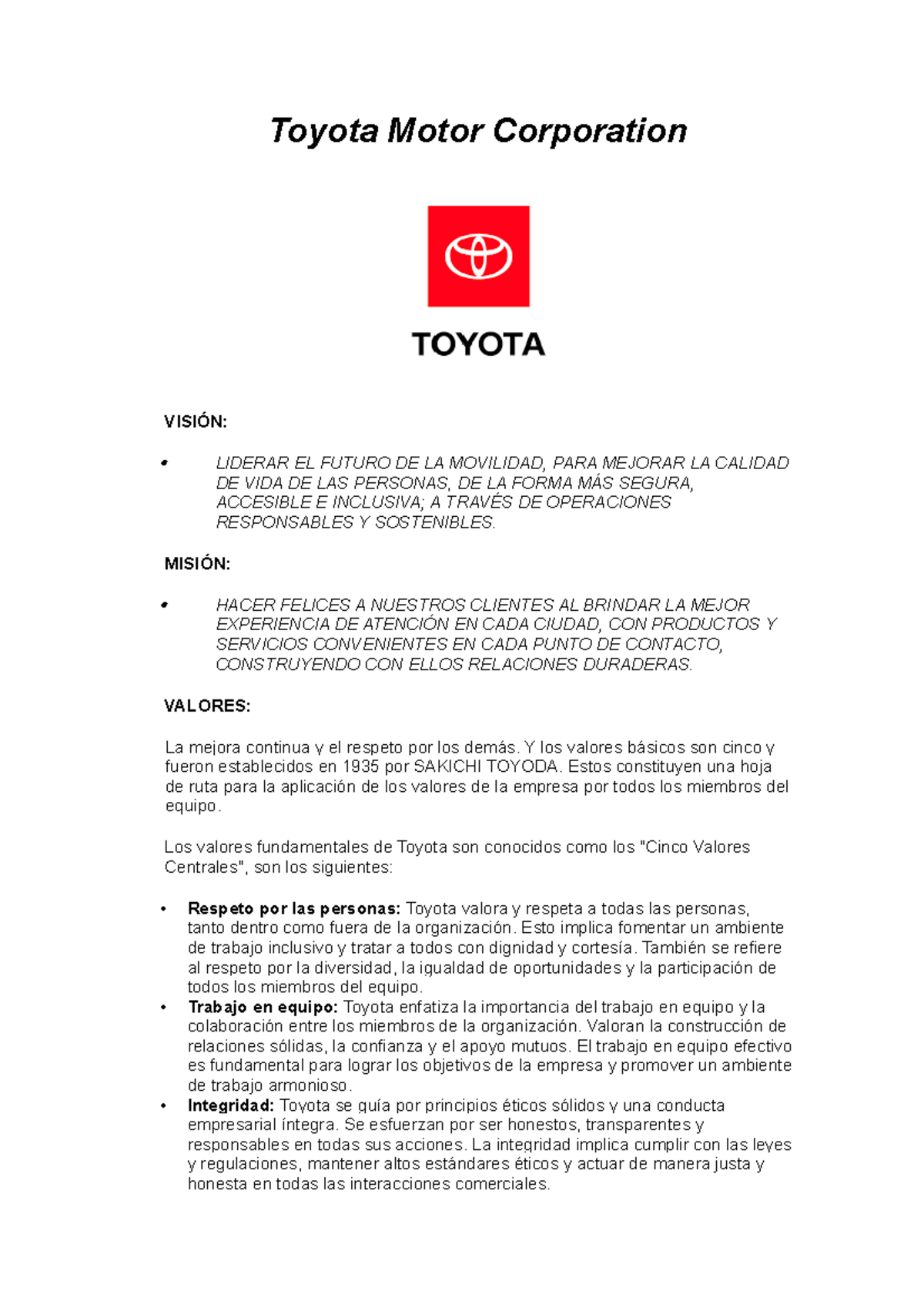 Nombre de la empresa, misión,visión, valores Toyota - Toyota Motor ...