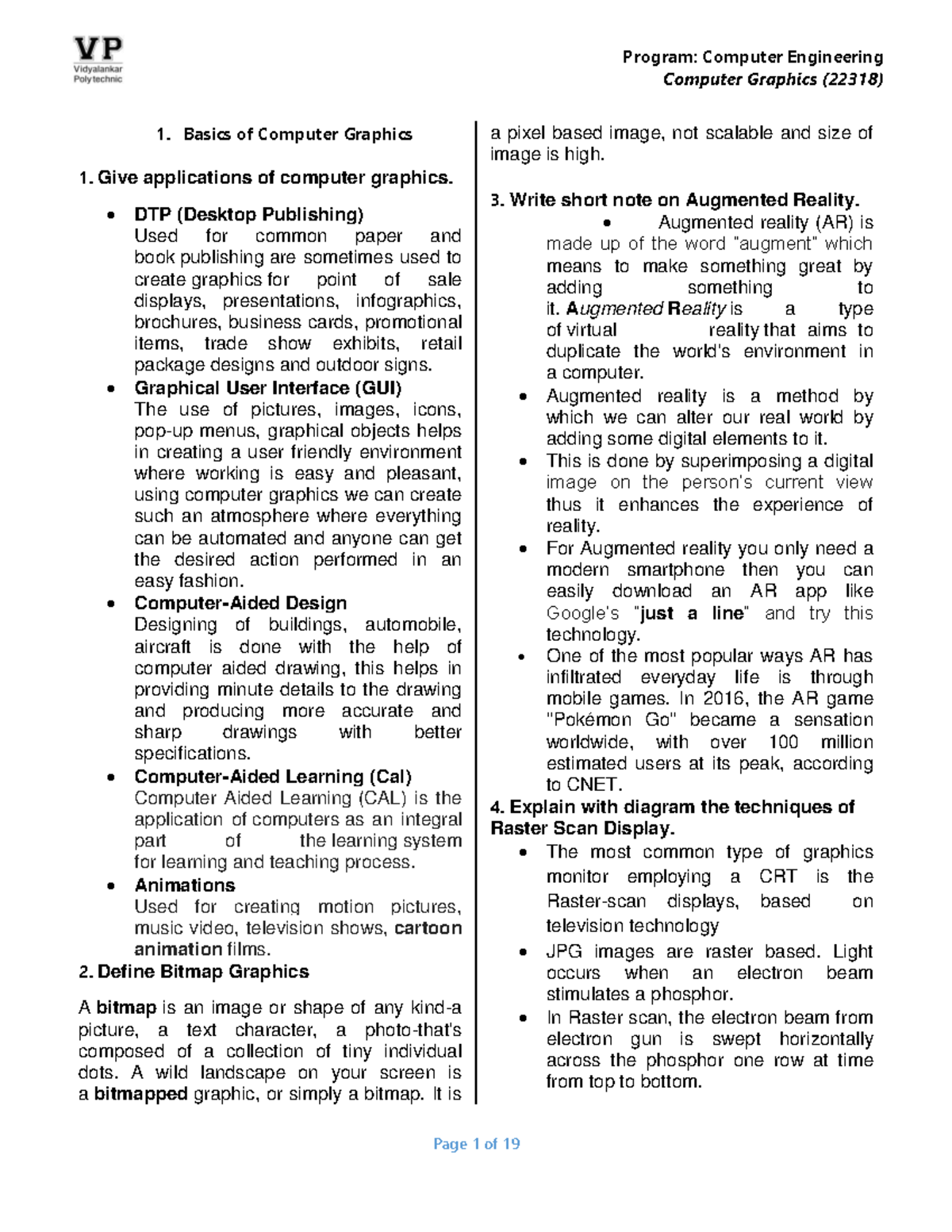 CGR - Computer Graphics (22318) Basics of Computer Graphics Give applications of computer ...
