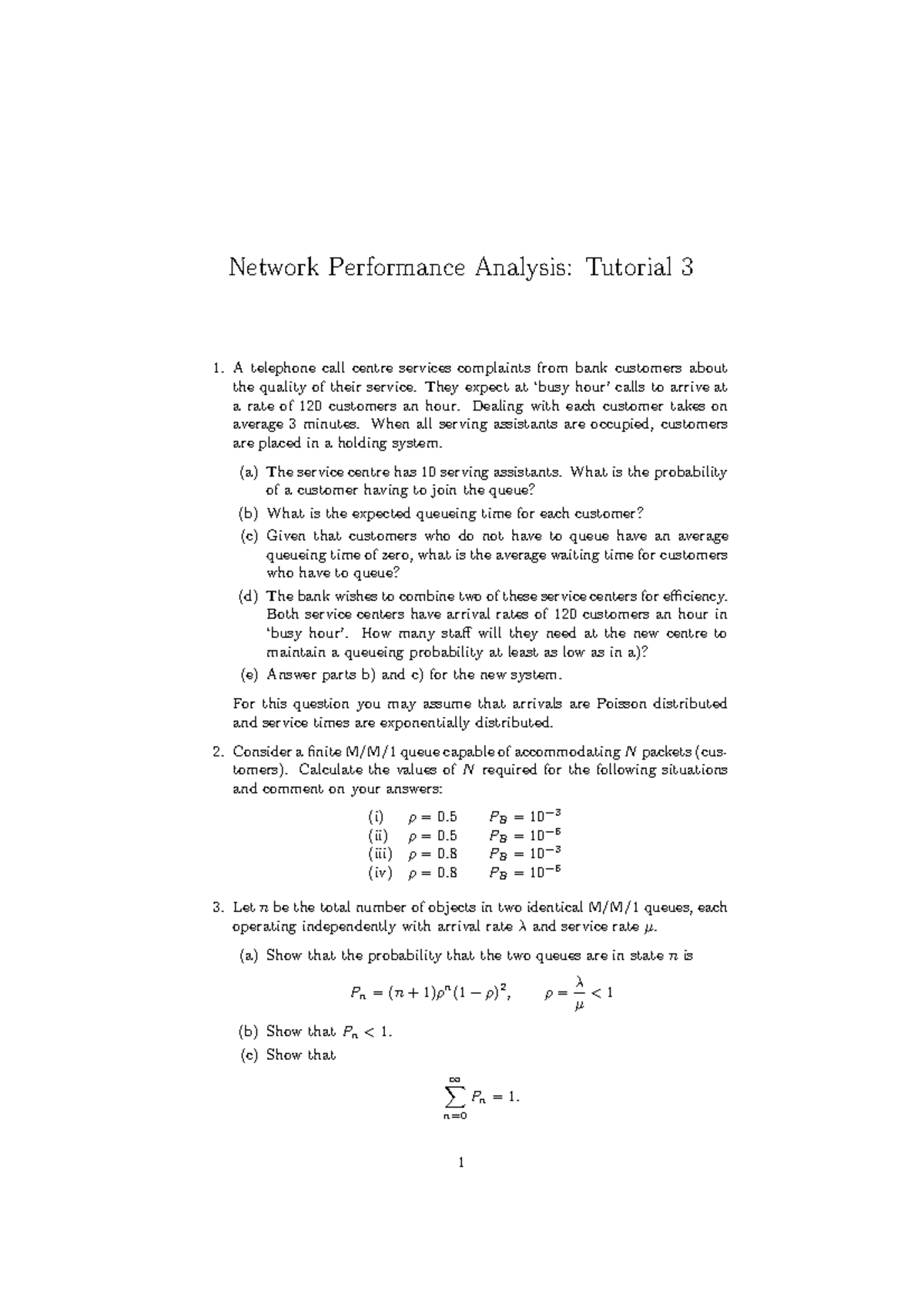 Tutorial Three - Network Performance Analysis: Tutorial 3 A telephone ...