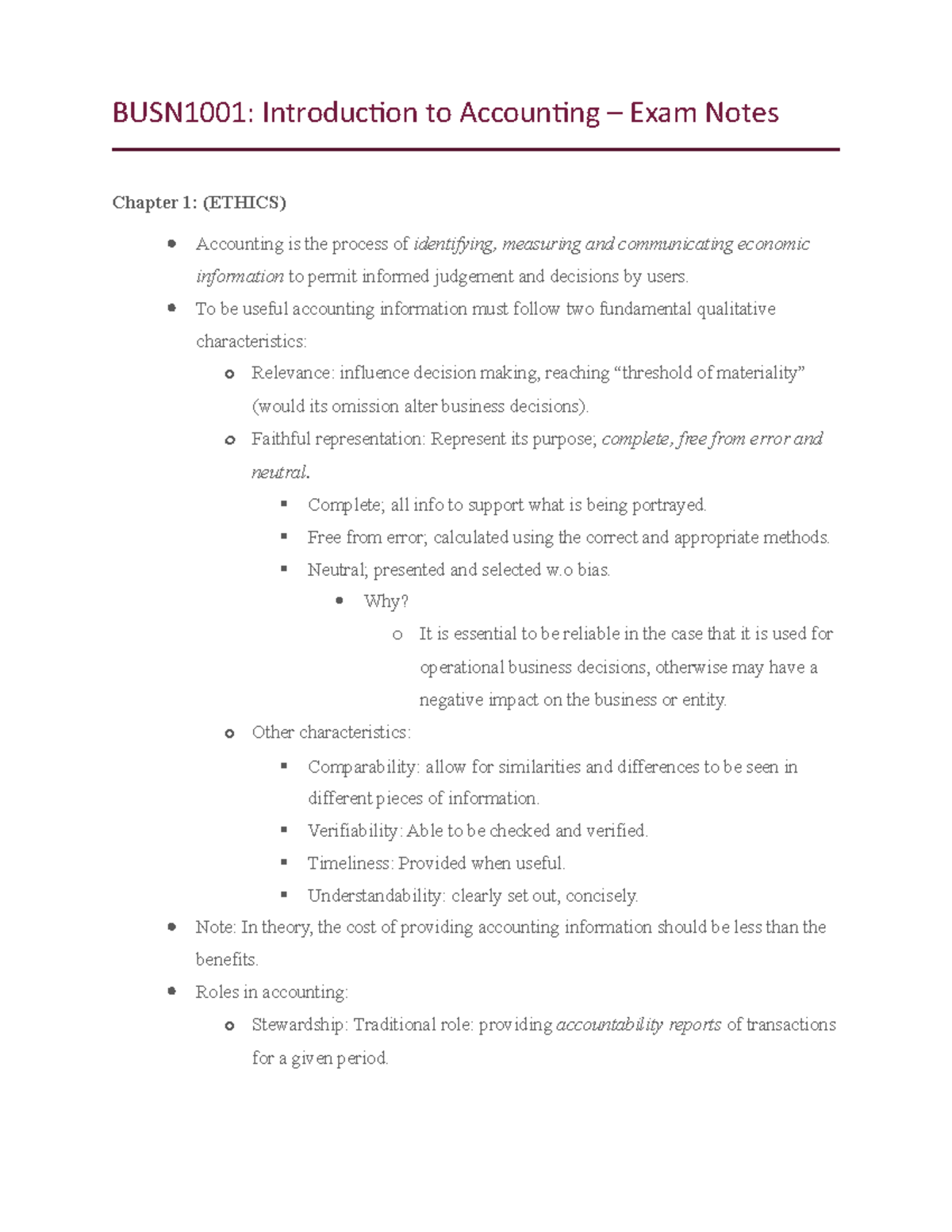 BUSN1001 Exam Notes Sem 1 2018 - BUSN1001: Introduction to Accounting ...