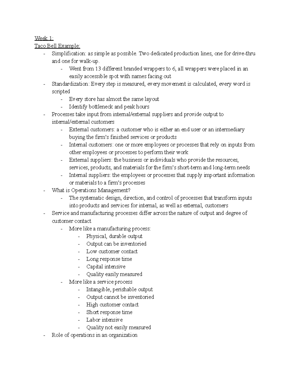 OPM 200 Notes Sheet - Week 1: Taco Bell Example: - Simplification: as ...
