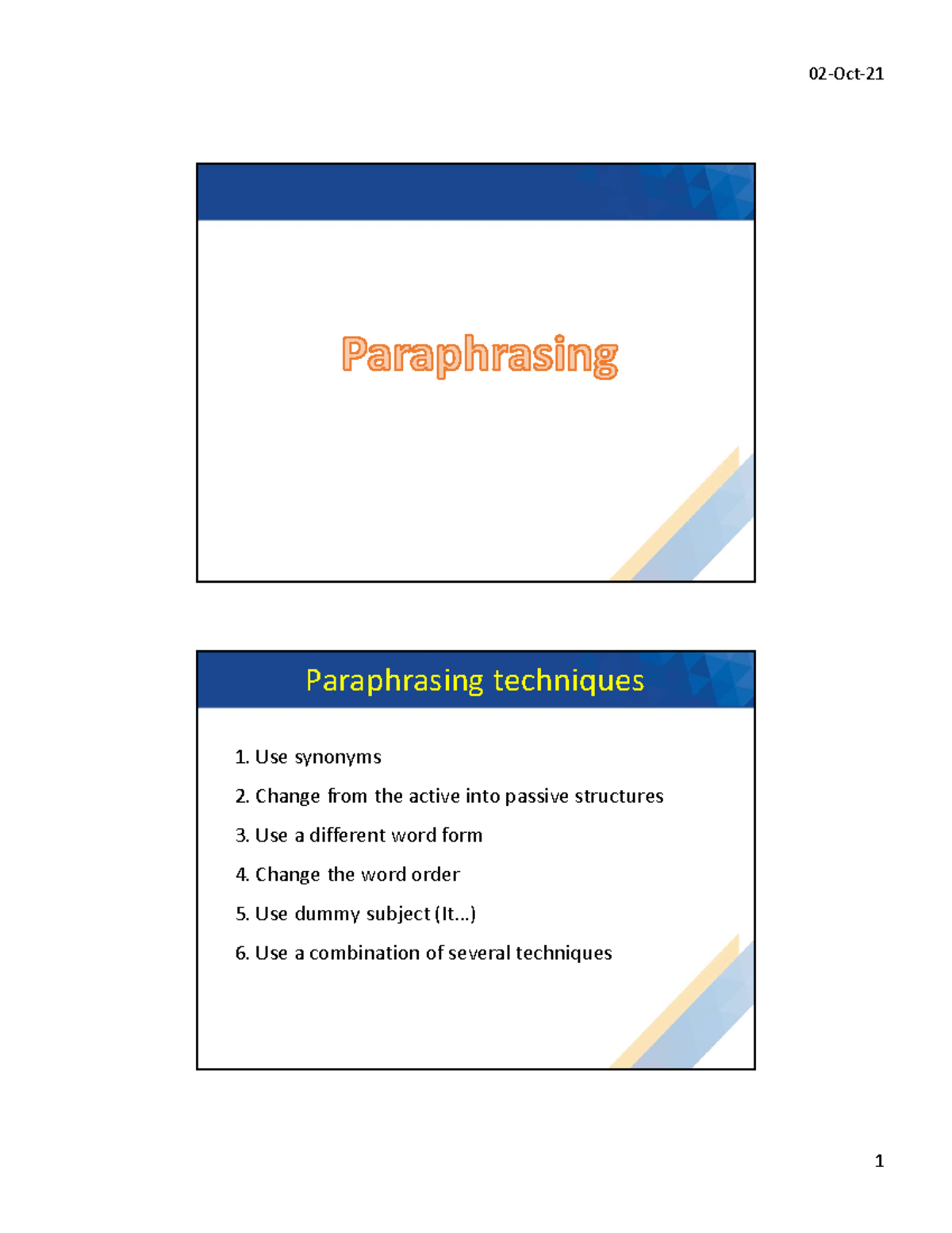 FILE 20211221 093544 Paraphrasing - Paraphrasing techniques 1. Use ...