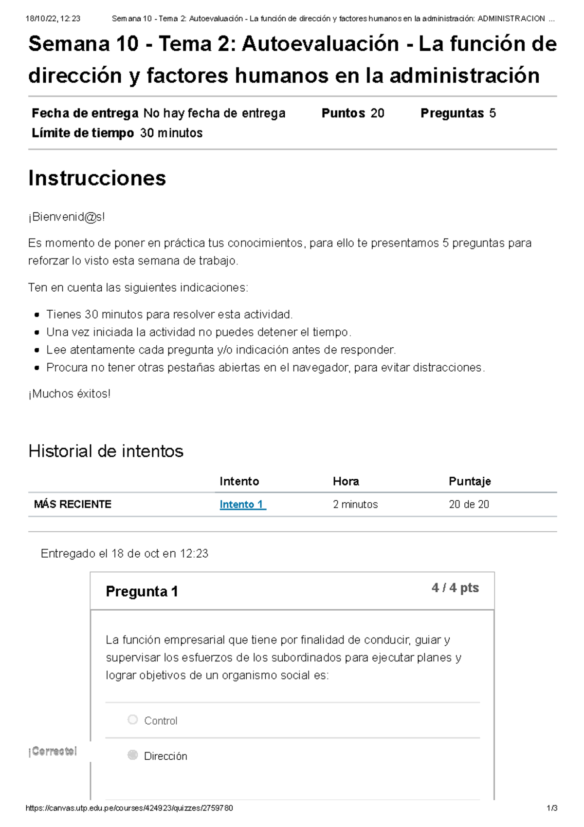Semana 10 - Tema 2 Autoevaluación - La función de dirección y factores humanos en la ...
